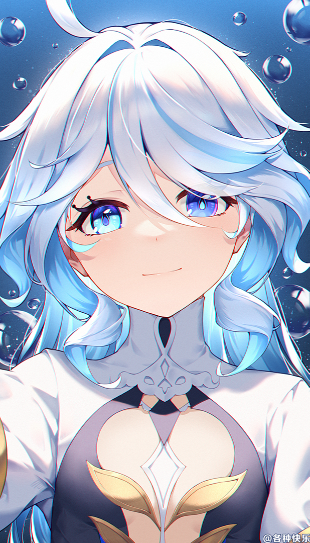 Safebooru - 1girl ahoge blue eyes blue hair cowlick dress drop-shaped pupils furina (genshin ...