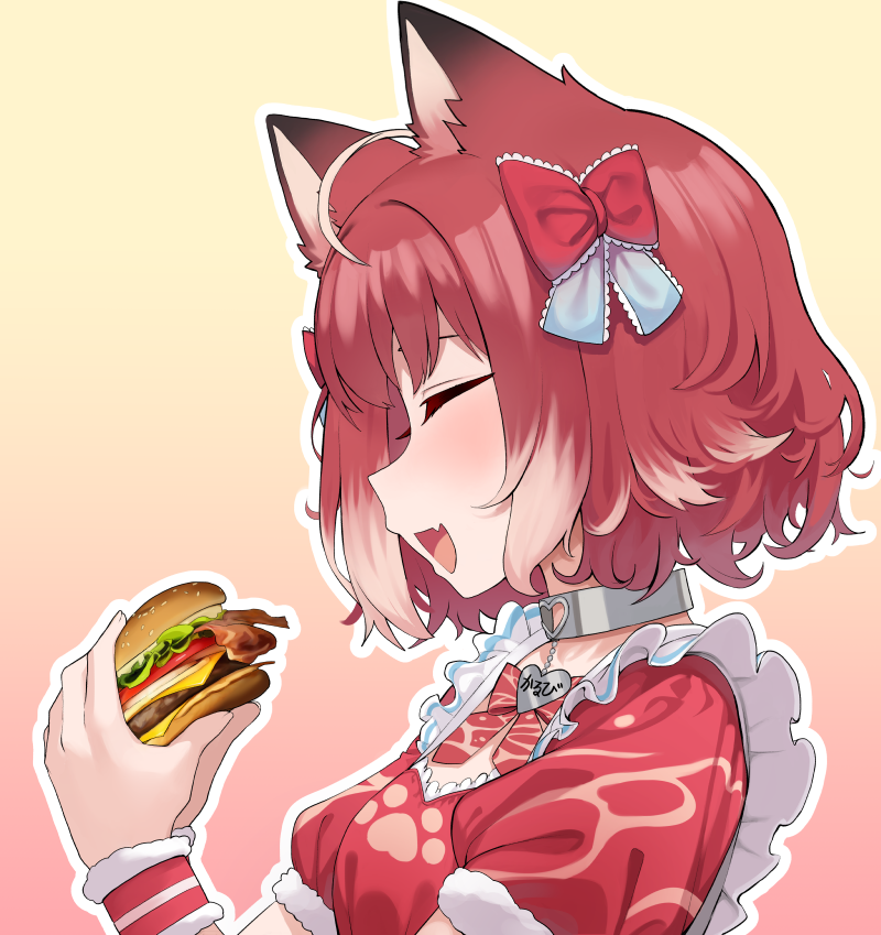 Safebooru - 1girl ahoge akami karubi animal ears burger cat ears cat girl closed eyes dress fang ...