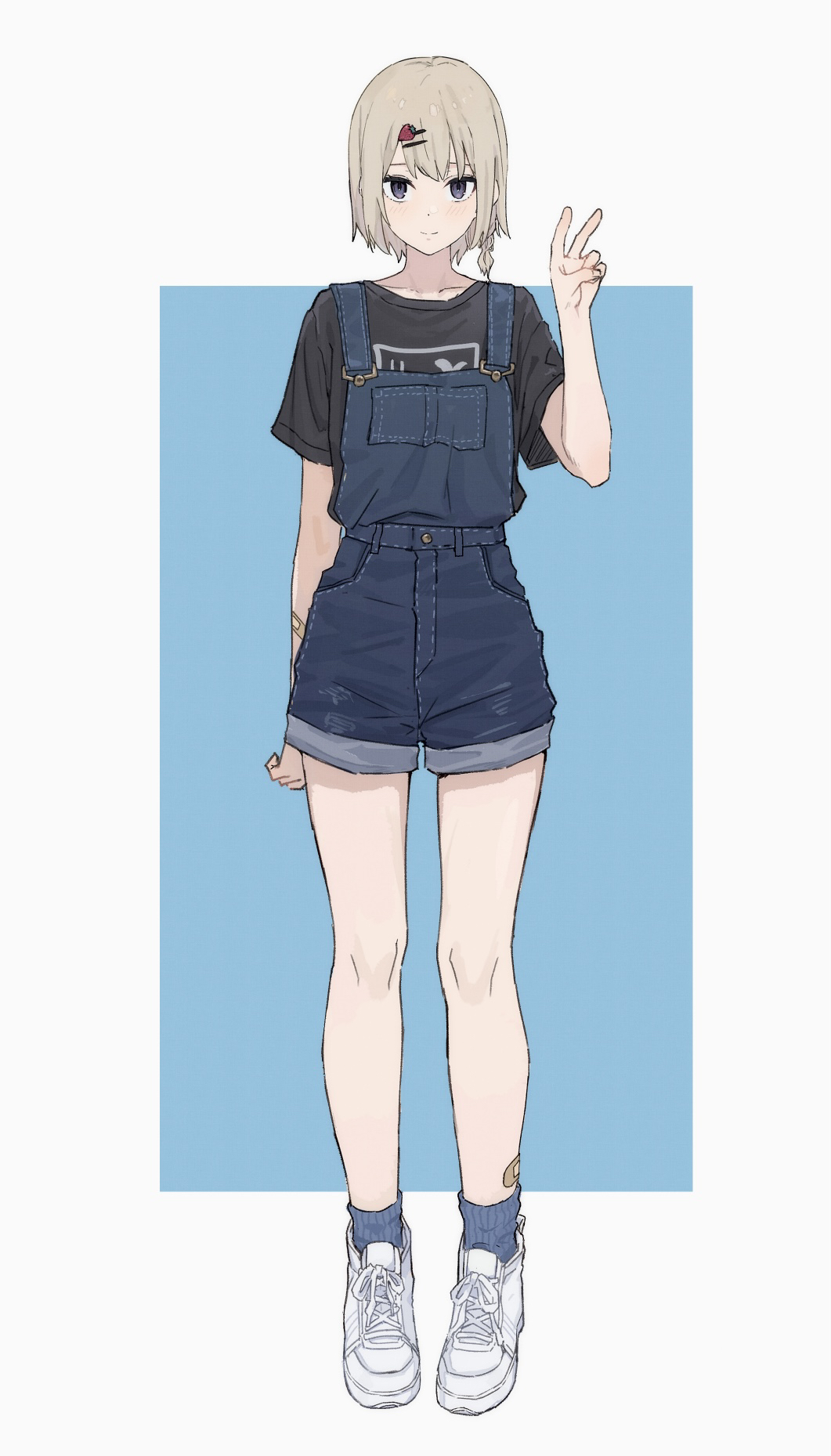 Safebooru - bandaid black shirt blonde hair blue overalls blue socks bow braid collarbone cowboy ...