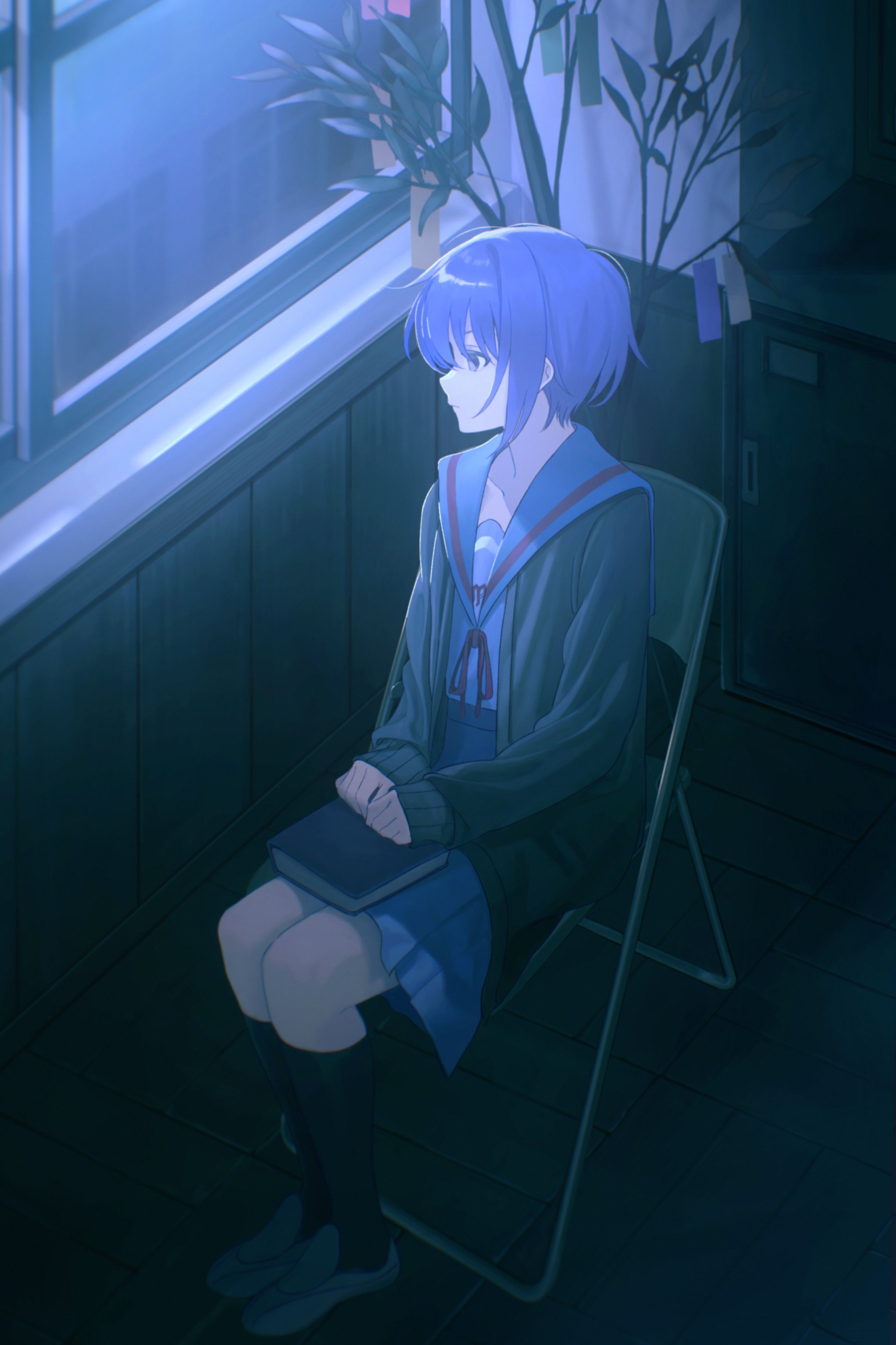 Safebooru - 1girl absurdres black socks blue sailor collar blue skirt book brown cardigan ...