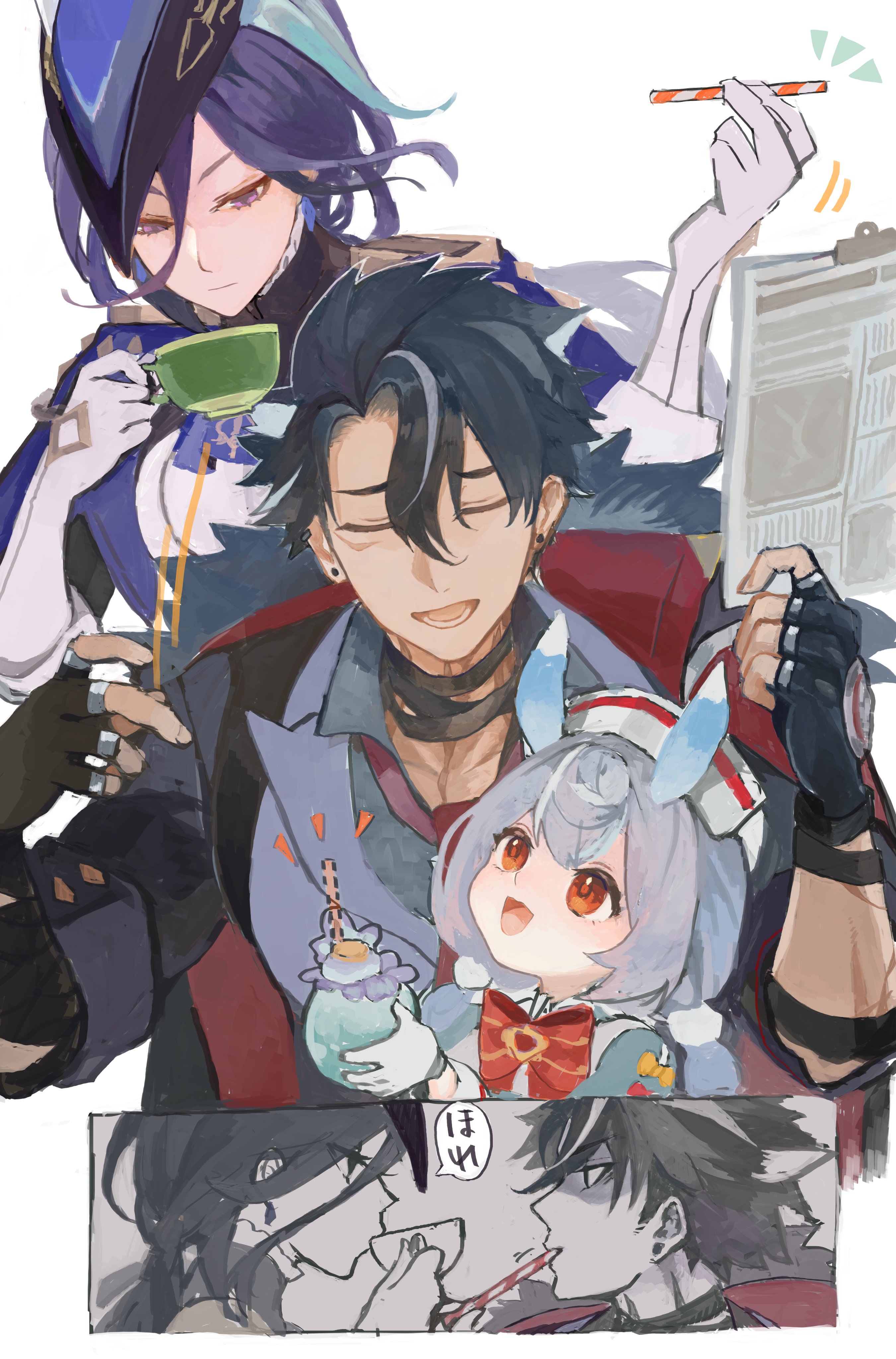 Safebooru - 1boy 2girls absurdres animal ears black gloves black jacket blue hair blue headwear ...