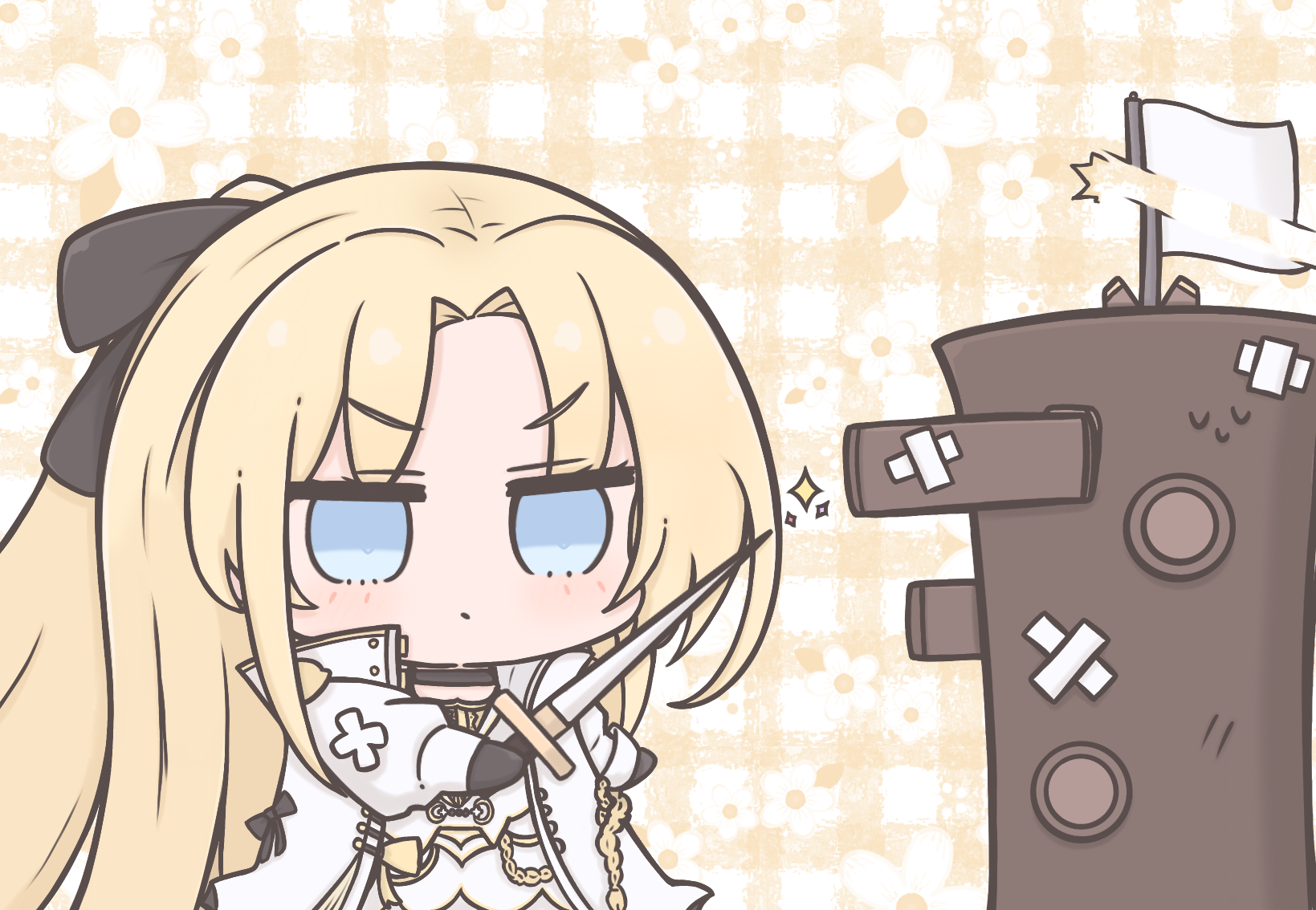 Safebooru - 1girl azur lane bandaid black bow black gloves blonde hair blue eyes bow chibi only ...