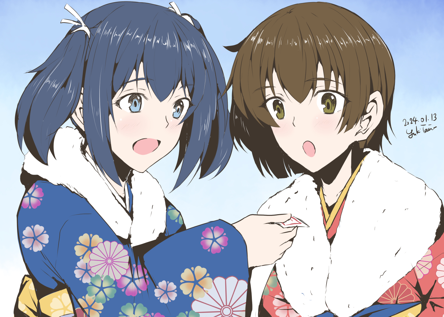 Safebooru - 2girls alternate costume artist name black hair blue eyes blue kimono brown eyes ...