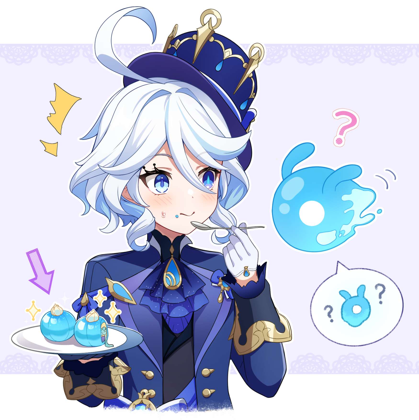 Safebooru - 1girl ? ahoge ascot asymmetrical gloves black gloves blue eyes blue hair blue ...