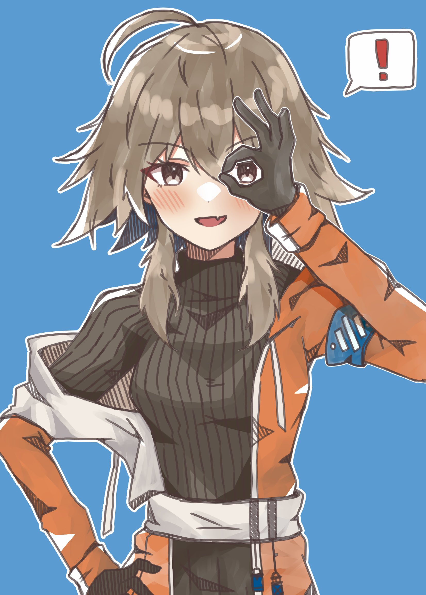 Safebooru - ! 1girl ahoge arknights armband belt black eyeliner black gloves black sweater blue ...