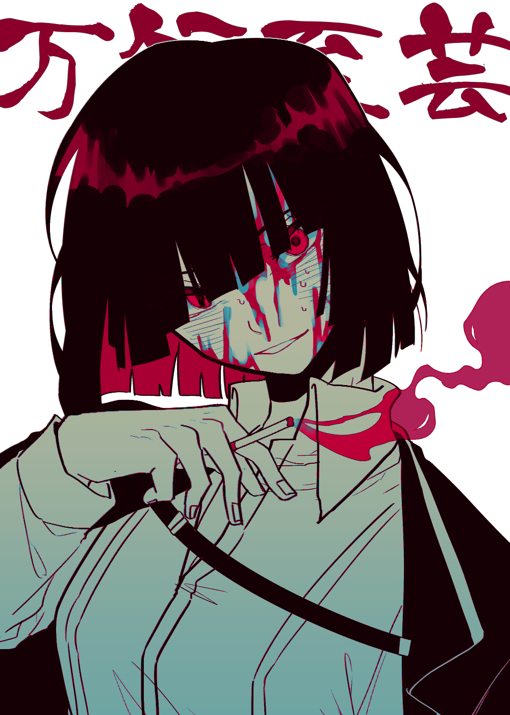 Safebooru - 1girl black coat black hair blood blood on face cigarette coat coat on shoulders ...