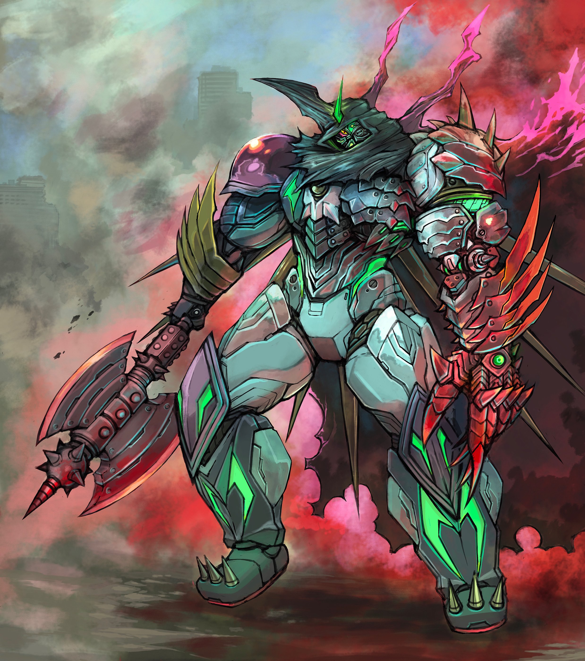 Safebooru - absurdres arm blade armor asymmetrical arms axe black armor ...