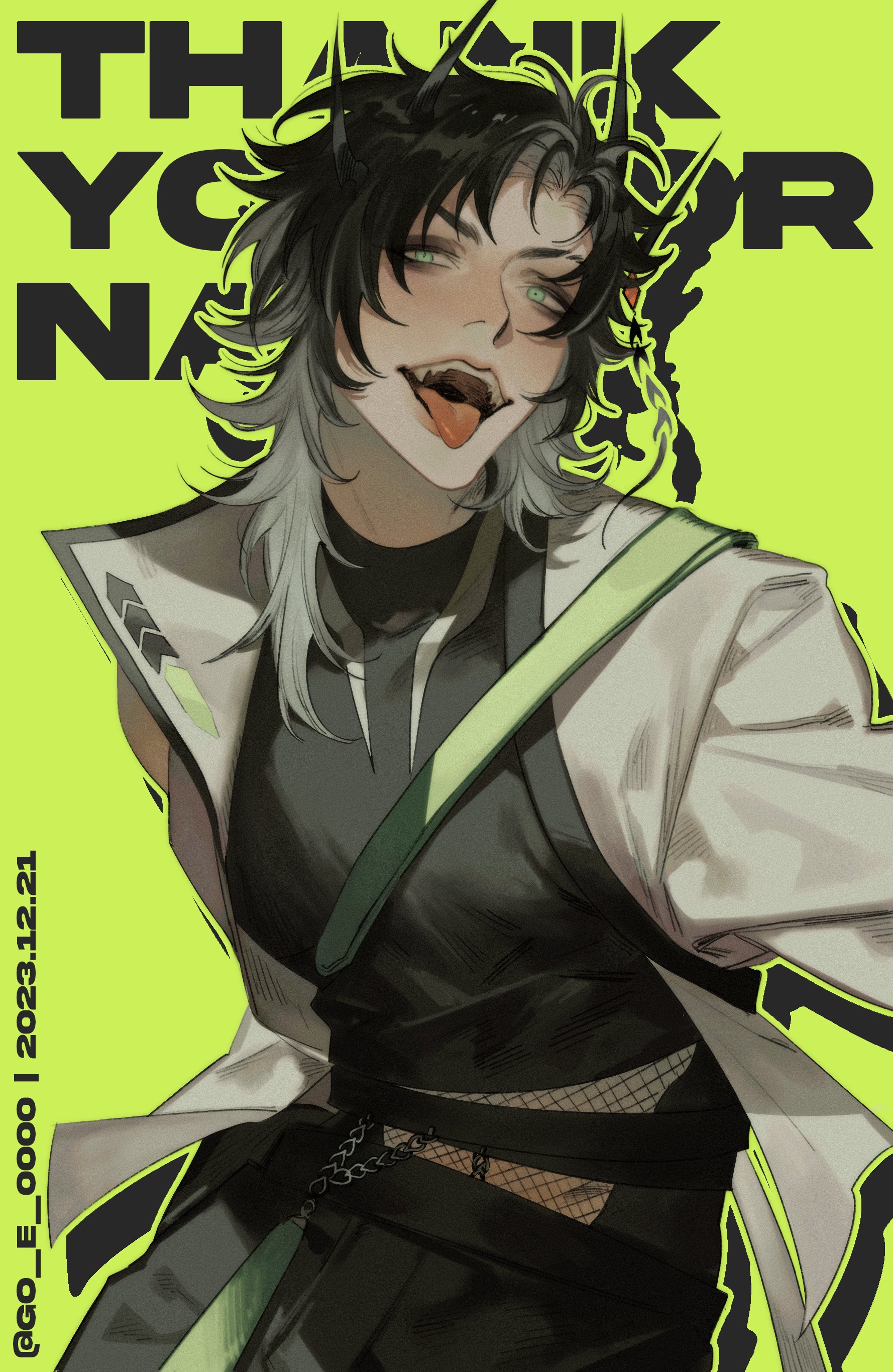 Safebooru - 1boy absurdres artist name bishounen black hair black horns black pants black trim ...