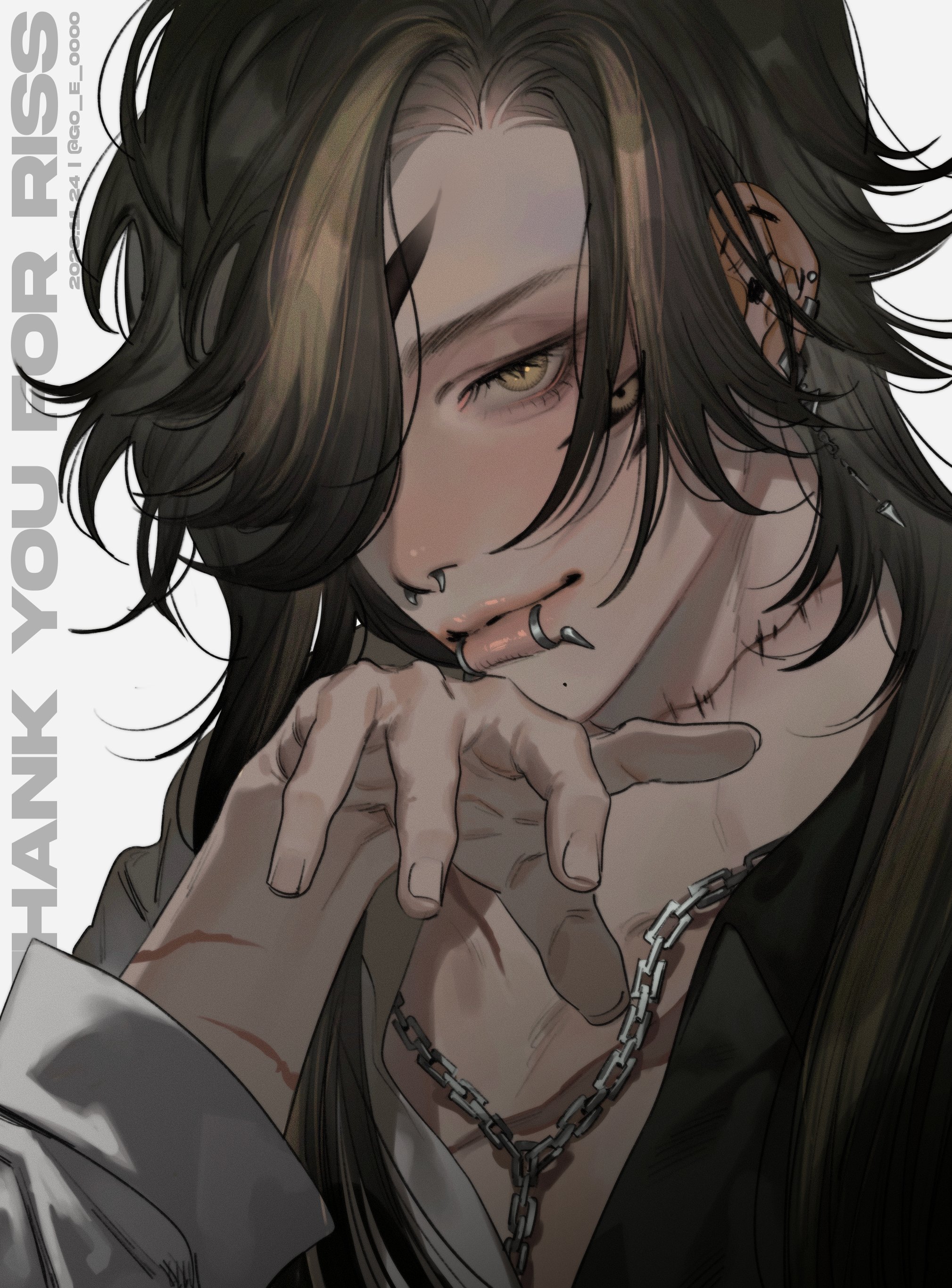 Safebooru - 1boy absurdres androgynous artist name asymmetrical bangs bishounen black sclera ...
