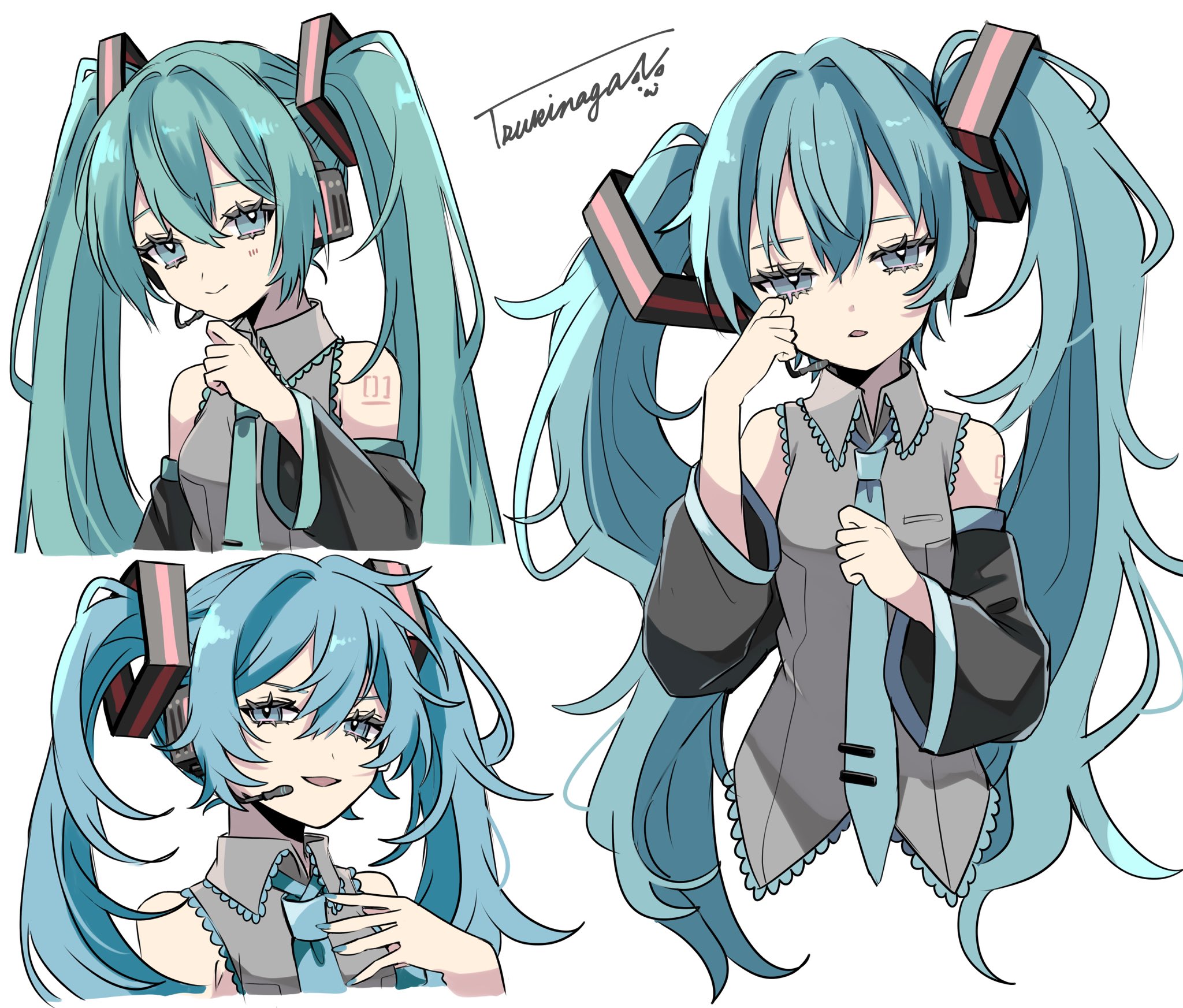 Safebooru - 3girls :d aqua eyes aqua hair bare shoulders black sleeves blue eyes blue hair blue ...