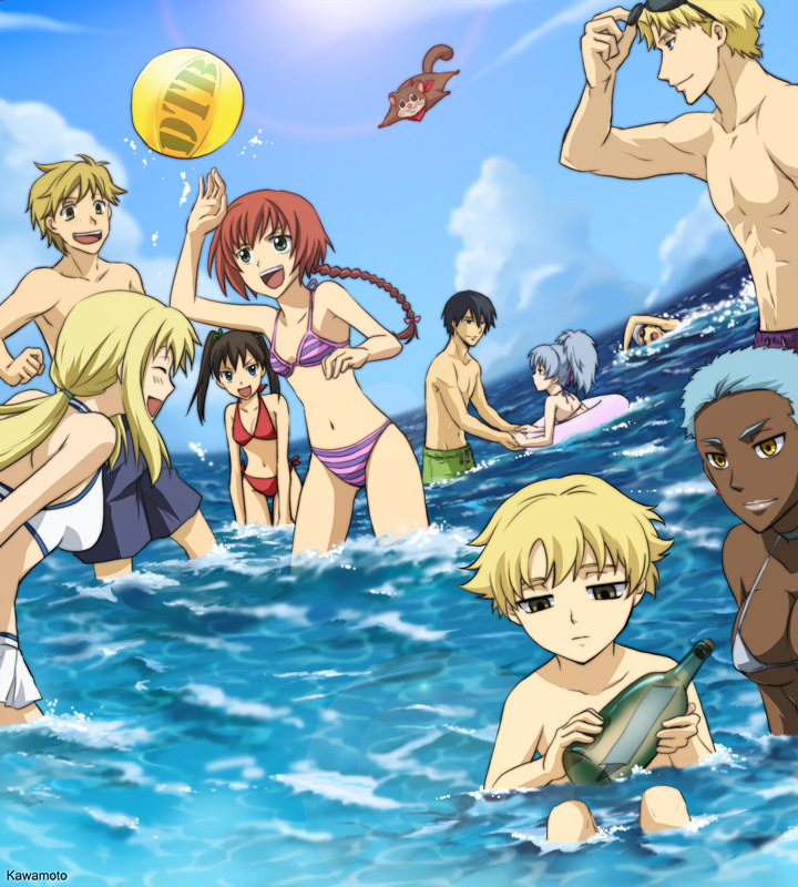 Safebooru - april (darker than black) ball beachball bikini bottle braid cloud clouds darker ...