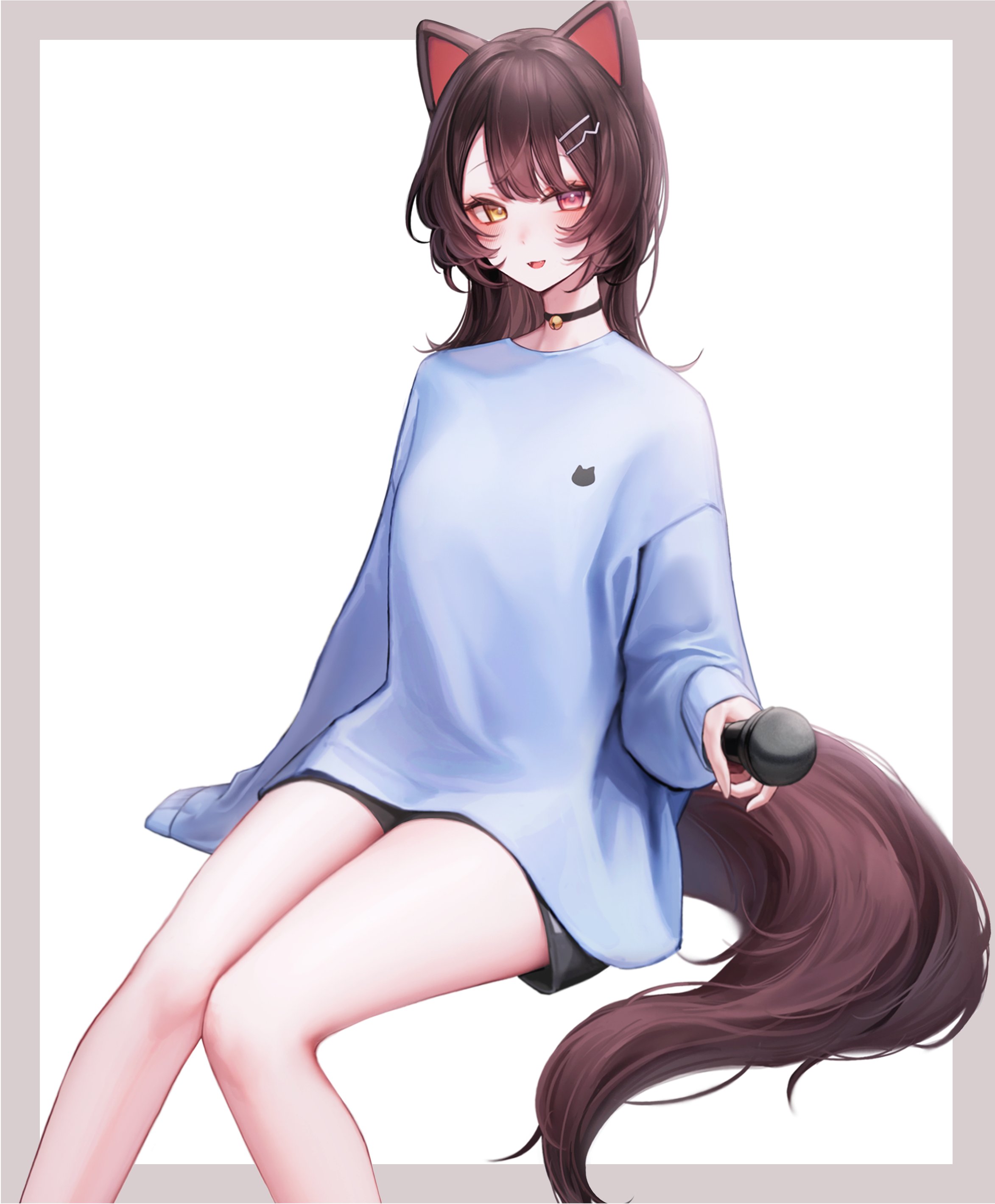 Safebooru - 1girl absurdres animal ears bell black choker black shorts blue shirt brown hair ...