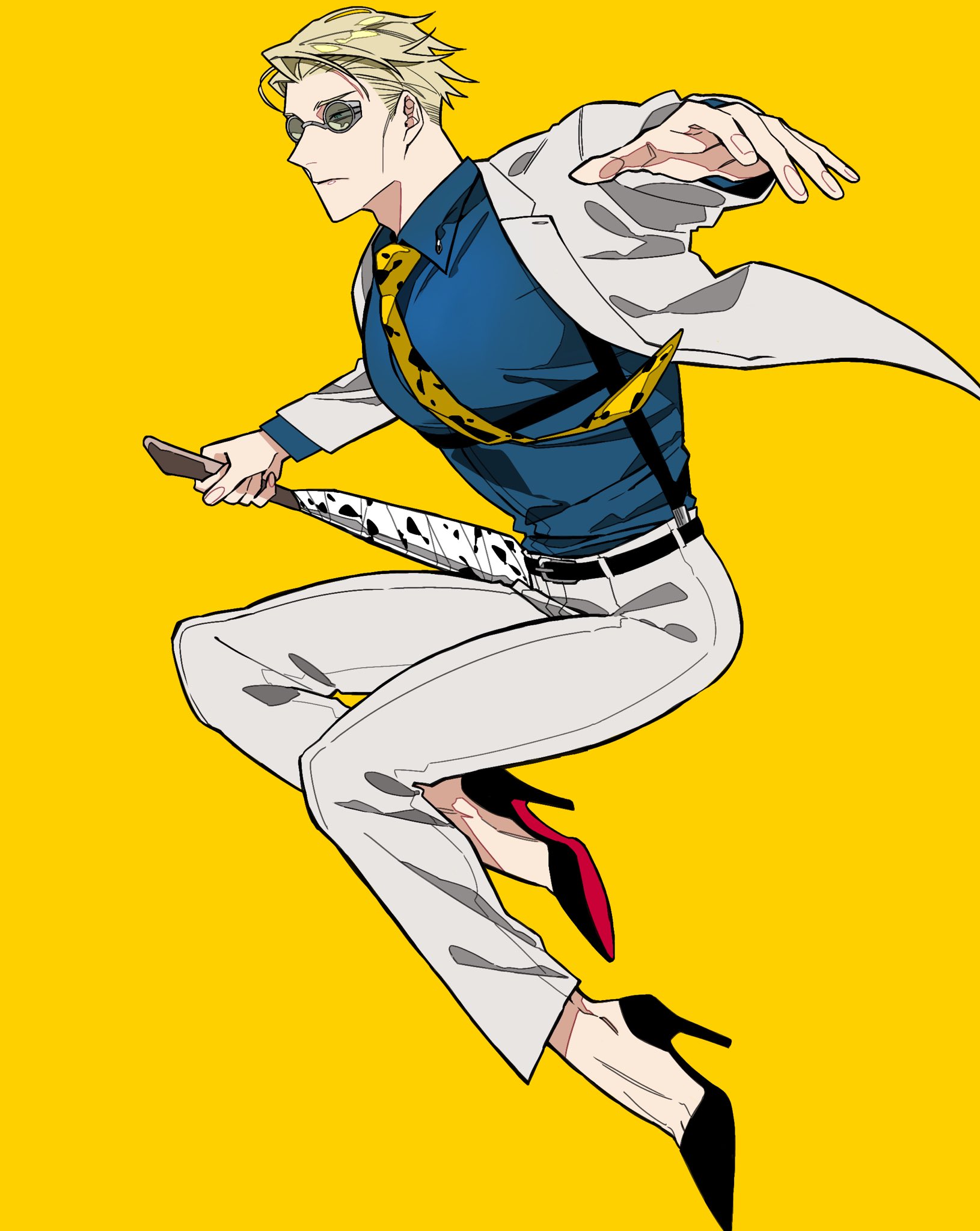 Safebooru - 1boy alternate eye color animal print belt black belt black footwear blonde hair ...