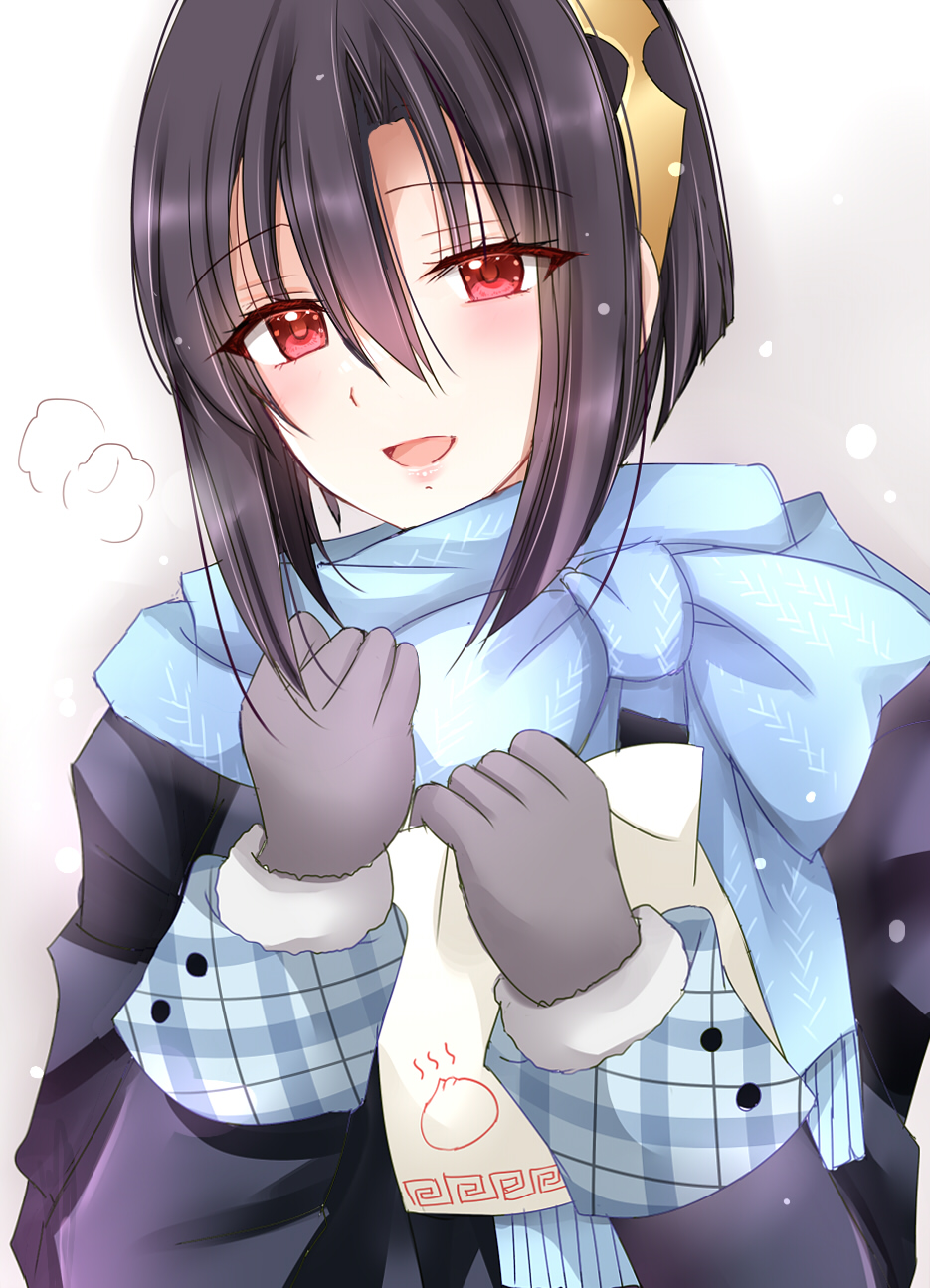 Safebooru - 1girl alternate costume asymmetrical bangs black gloves black hair blush coat fire ...