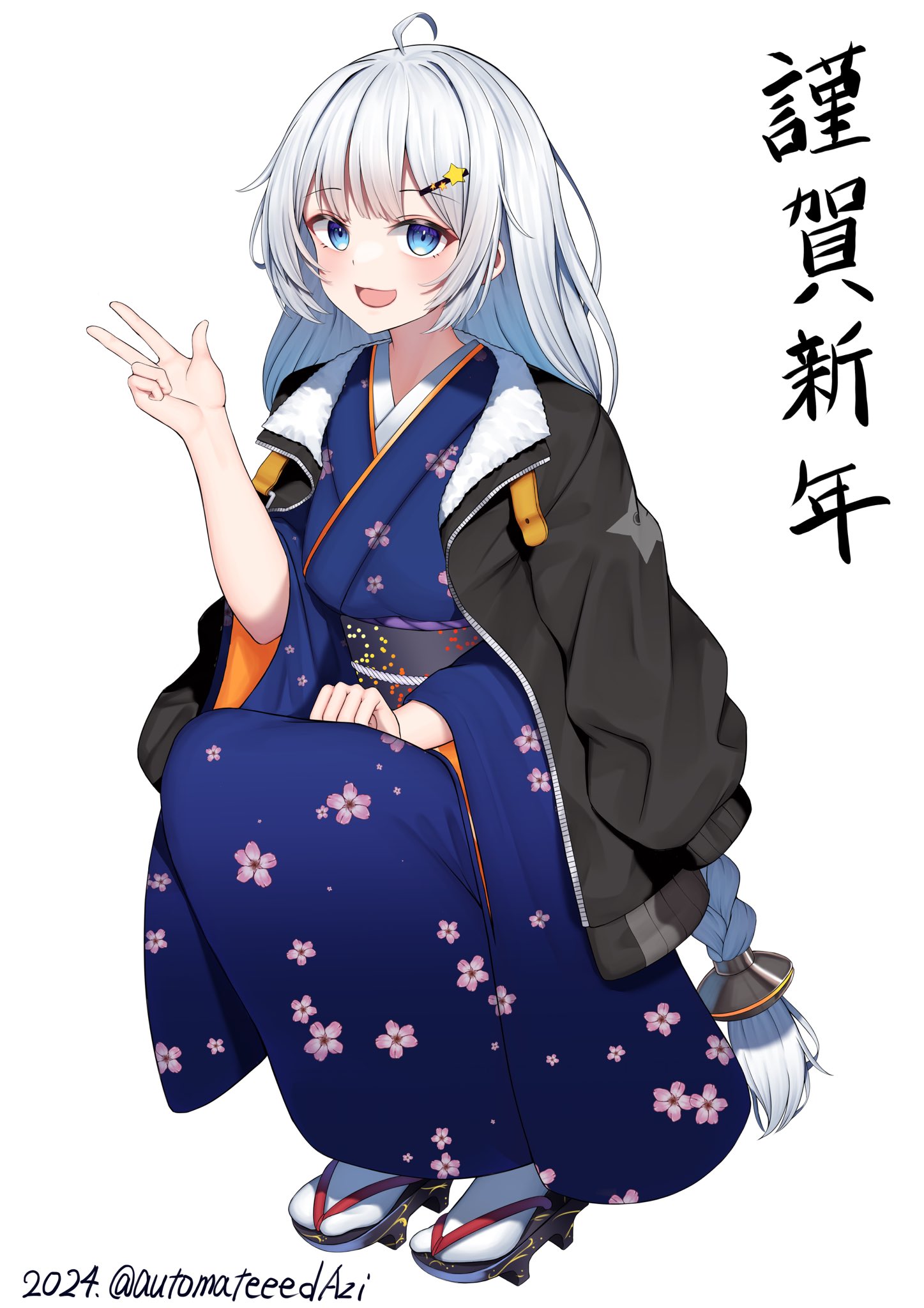 Safebooru - 1girl ahoge black jacket blue eyes blue kimono floral print kimono grey hair highres ...