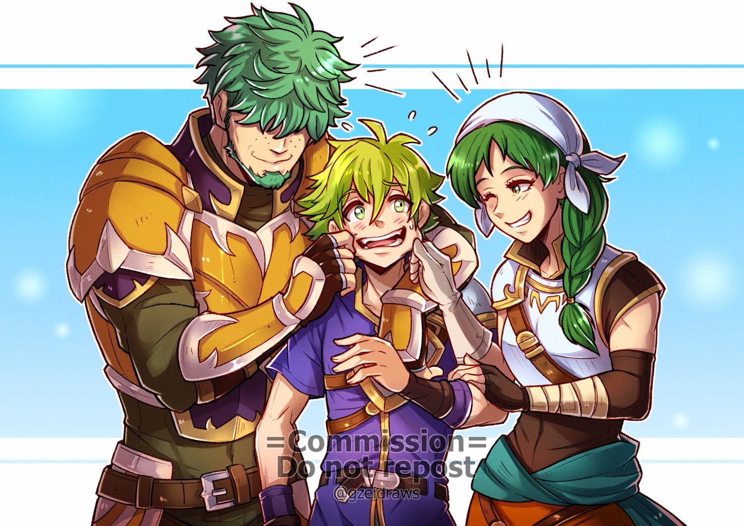 Safebooru - 1girl 2boys armor artist name bandaged arm bandages bandana ...