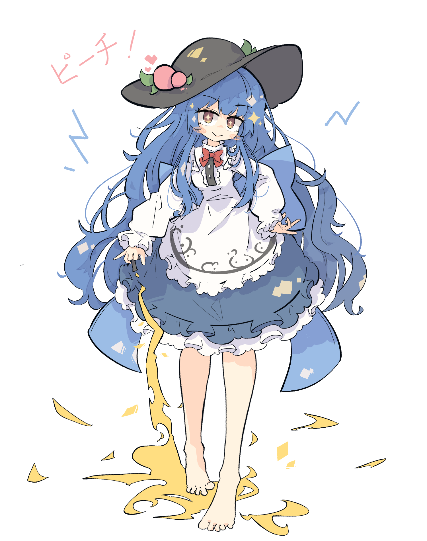 Safebooru - 1girl barefoot blue dress blue hair blush bow bowtie breasts brown eyes brown ...