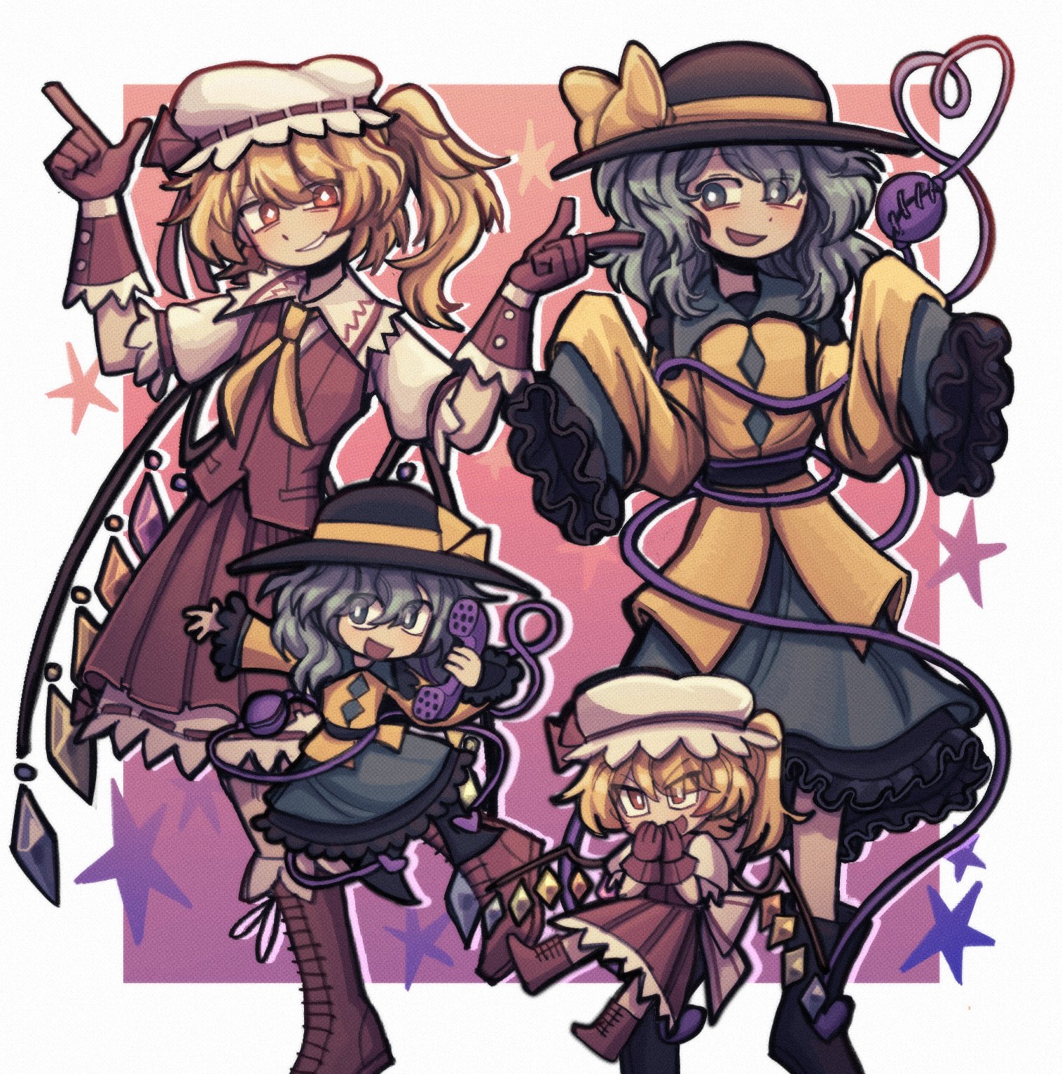 Safebooru - 2girls ascot black footwear black headwear blonde hair blush boots border bow bright ...