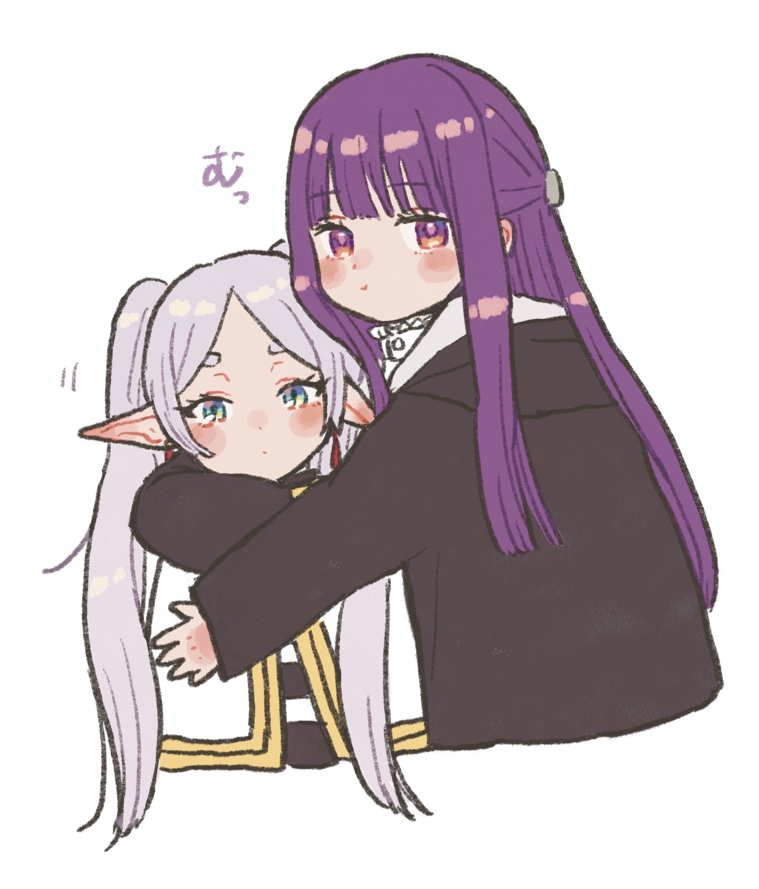 Safebooru - 2girls anam95 black coat blue eyes blunt bangs blunt ends blush stickers capelet ...