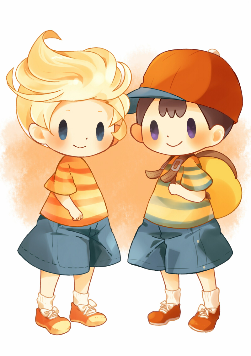 Safebooru - 2boys backpack bag black hair blonde hair blue shorts blush brown bag closed mouth ...