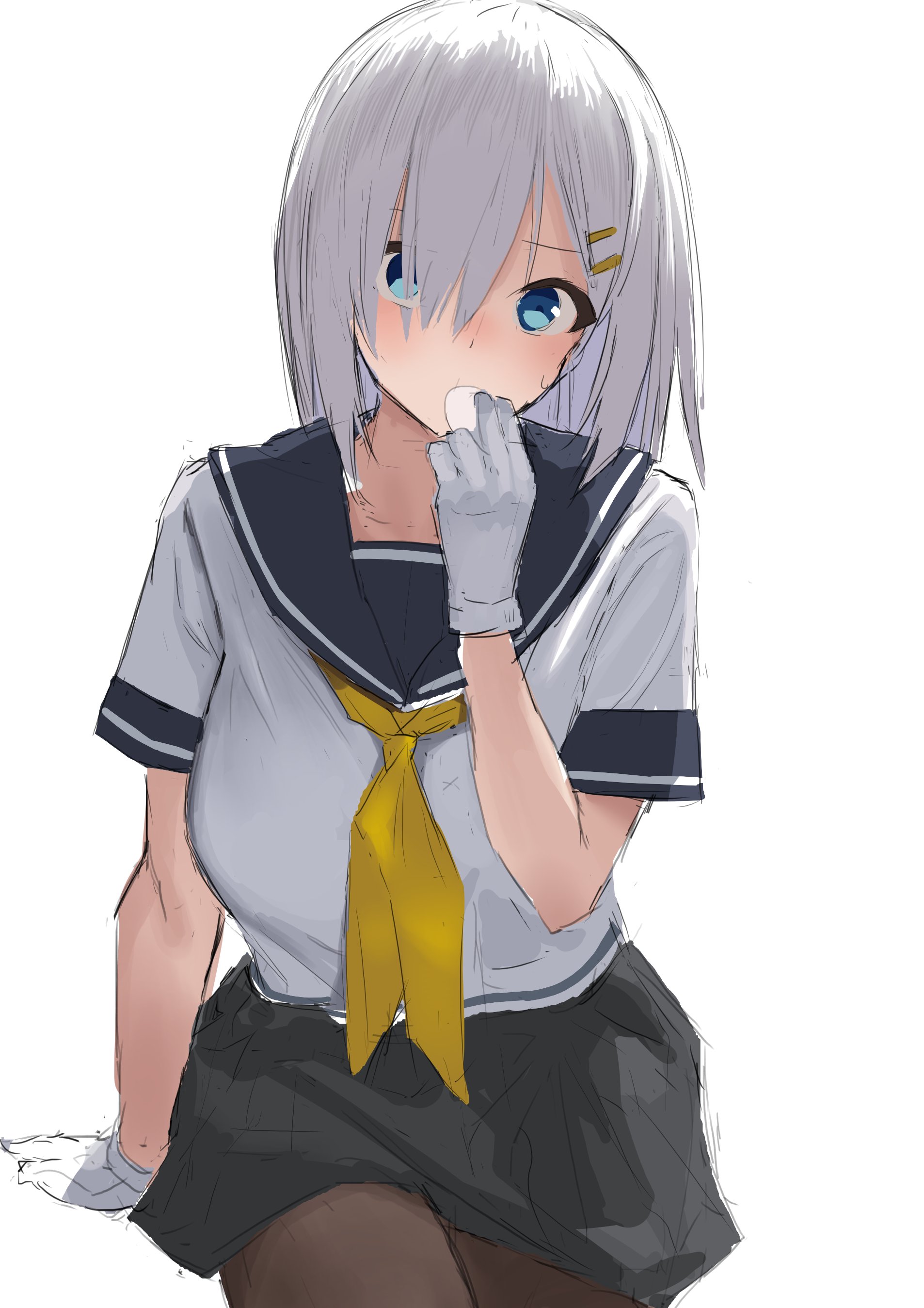 Safebooru - 1girl absurdres black pantyhose blue eyes eating food gen (black factory) gloves ...