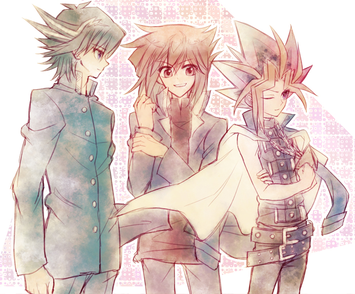 Safebooru - 3boys alternate costume arm out of sleeve belt black belt black collar black hair ...