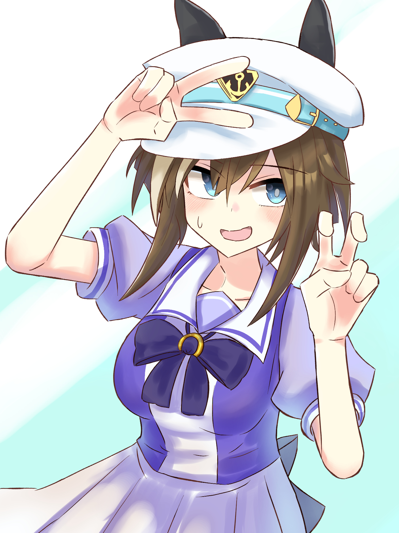 Safebooru - 1girl adjusting clothes adjusting headwear animal ears blue eyes bow breasts brown ...