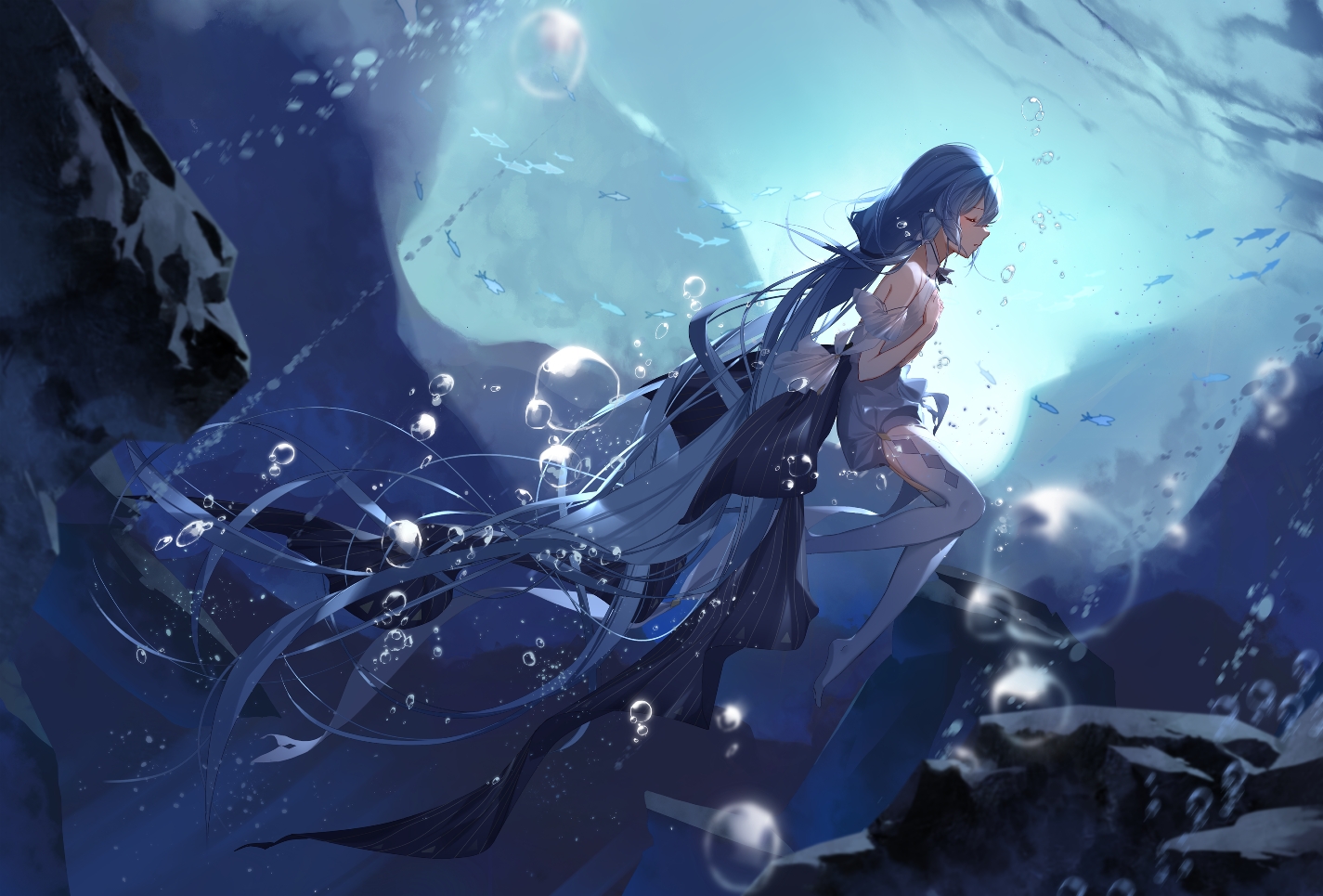Safebooru - 1girl air bubble blue dress blue hair blue theme bubble closed eyes closed mouth ...