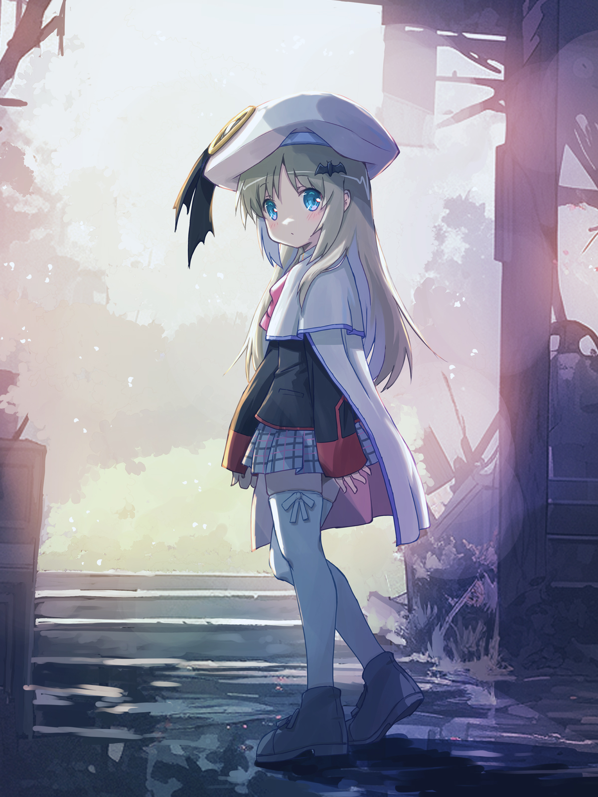 Safebooru - 1girl akayama yukihe arms at sides backlighting bat hair ornament beret black jacket ...