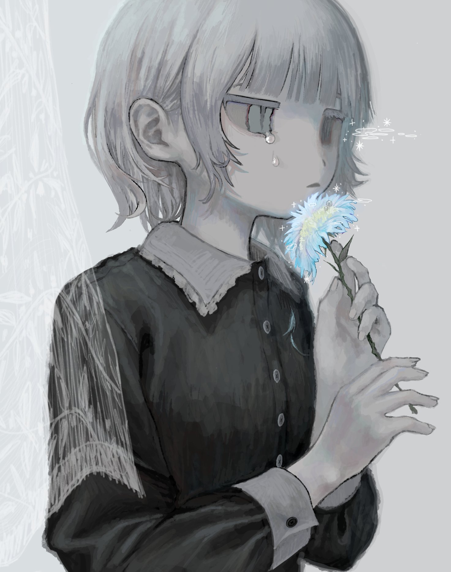 Safebooru - 1girl blue eyes blue flower blunt bangs buttons collar crying curtains empty eyes ...
