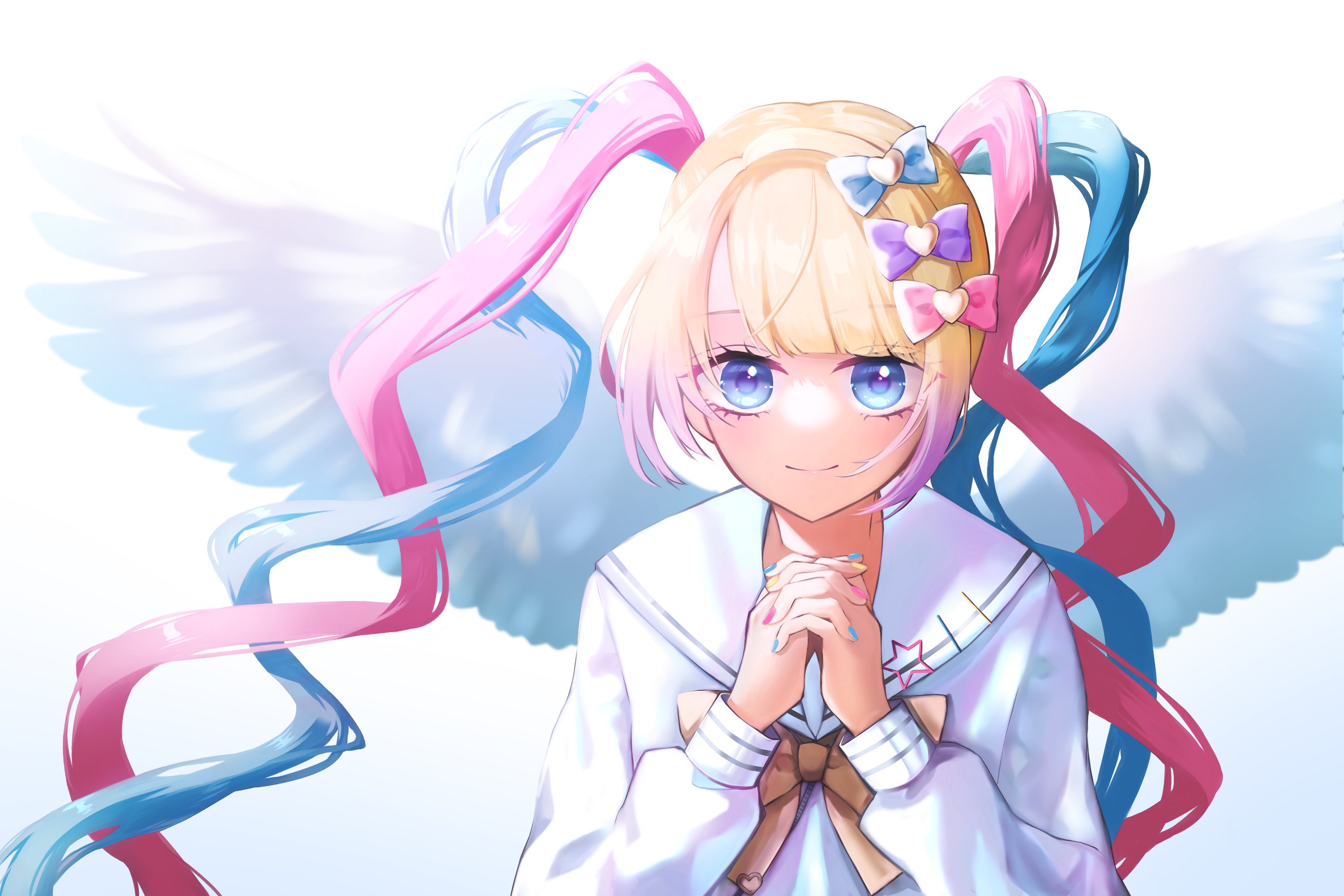 Safebooru - 1girl blonde hair blue bow blue eyes blue hair blue shirt blue wings bow ...