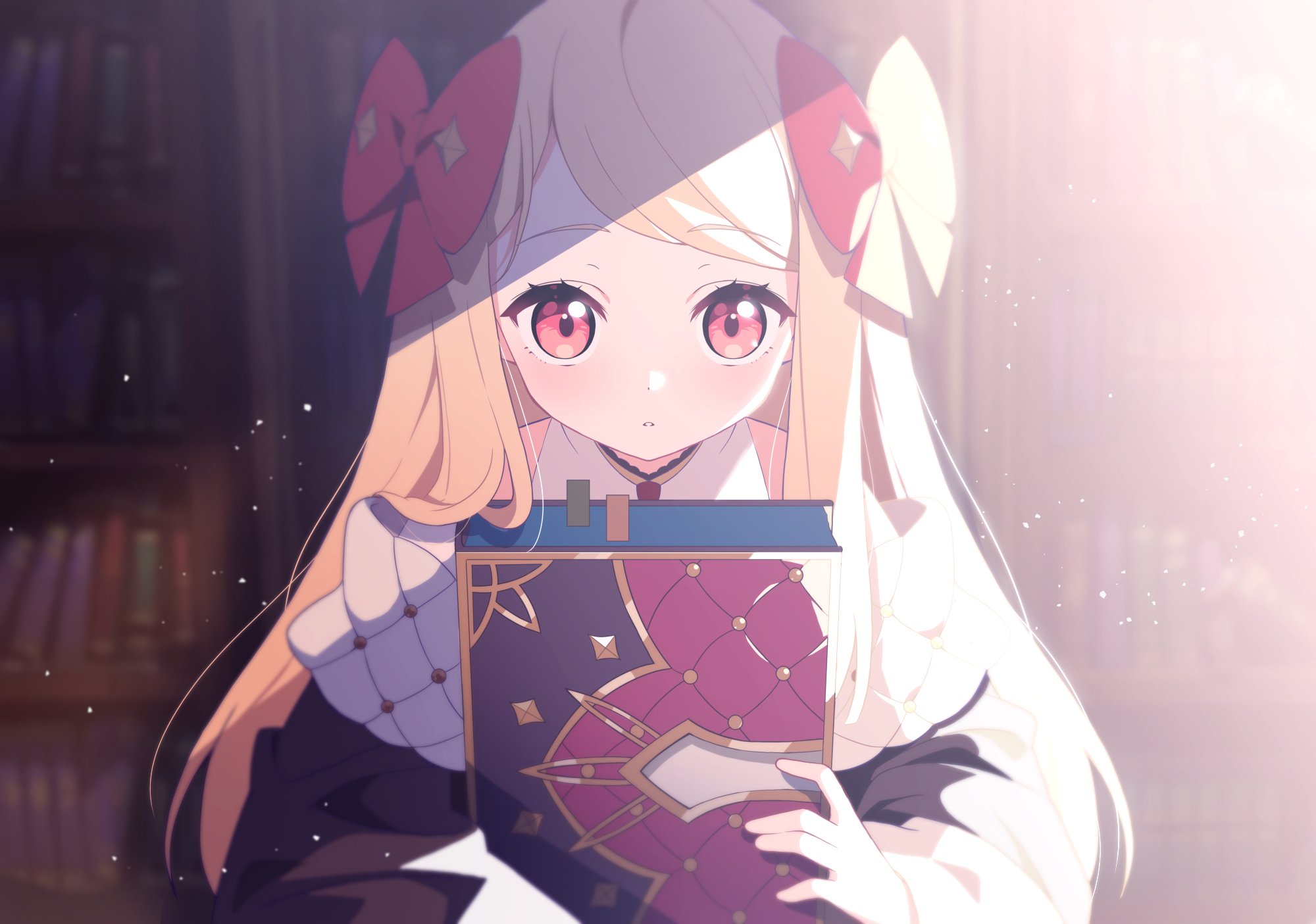 Safebooru - 1girl bare shoulders black coat blonde hair book bookshelf bow coat eversoul hair ...