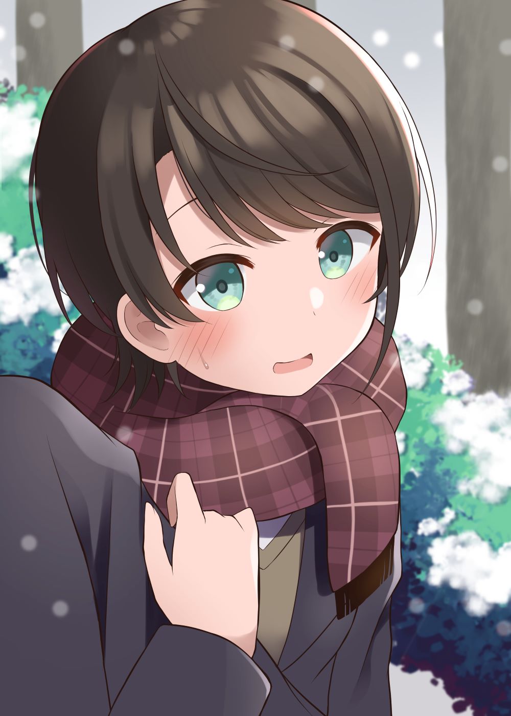 Safebooru - 1girl 1other black jacket blue eyes blush brown hair highres holding another's arm ...