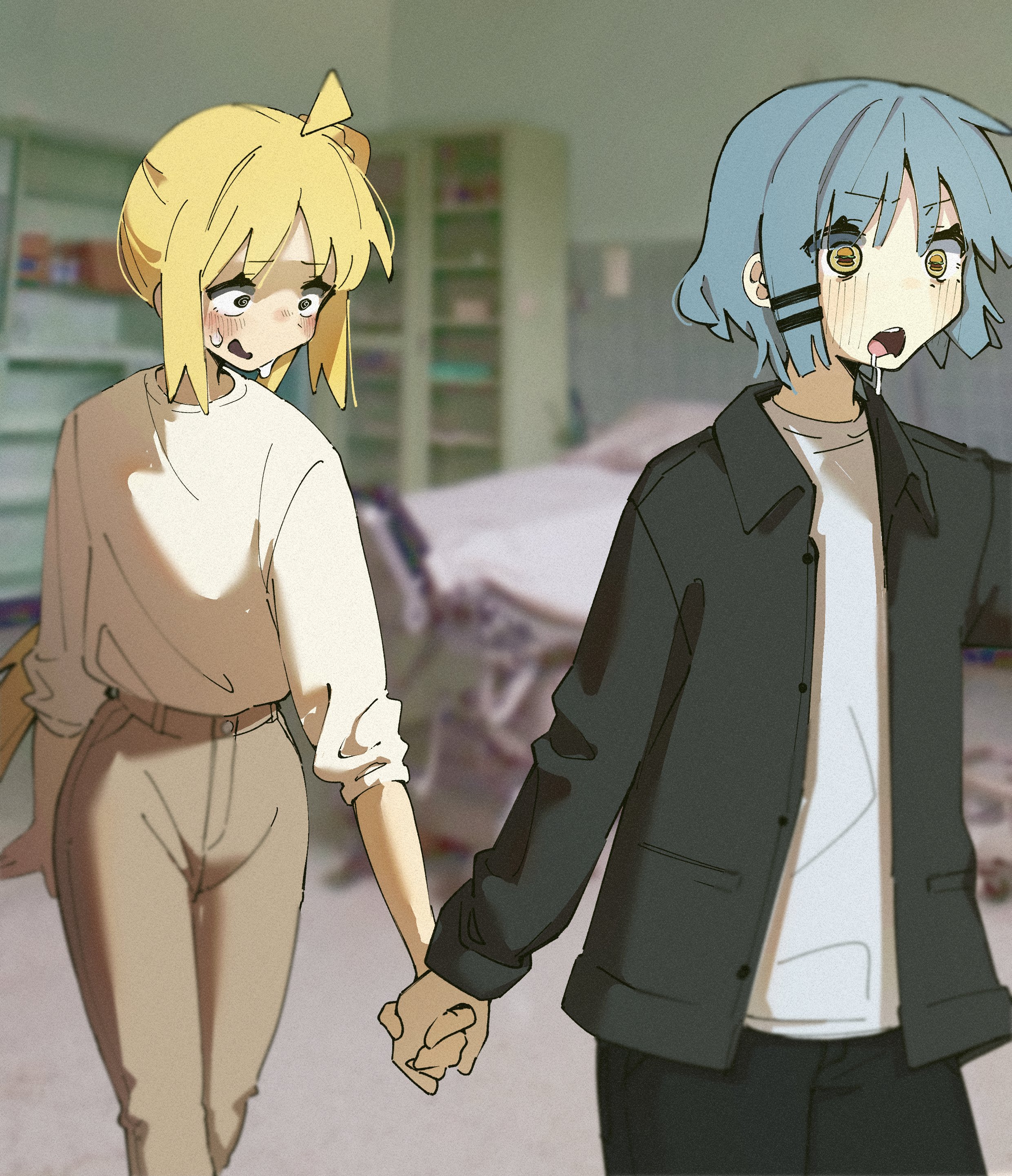 Safebooru - 2girls absurdres ahoge alternate costume blonde hair blue hair blush bocchi the rock ...