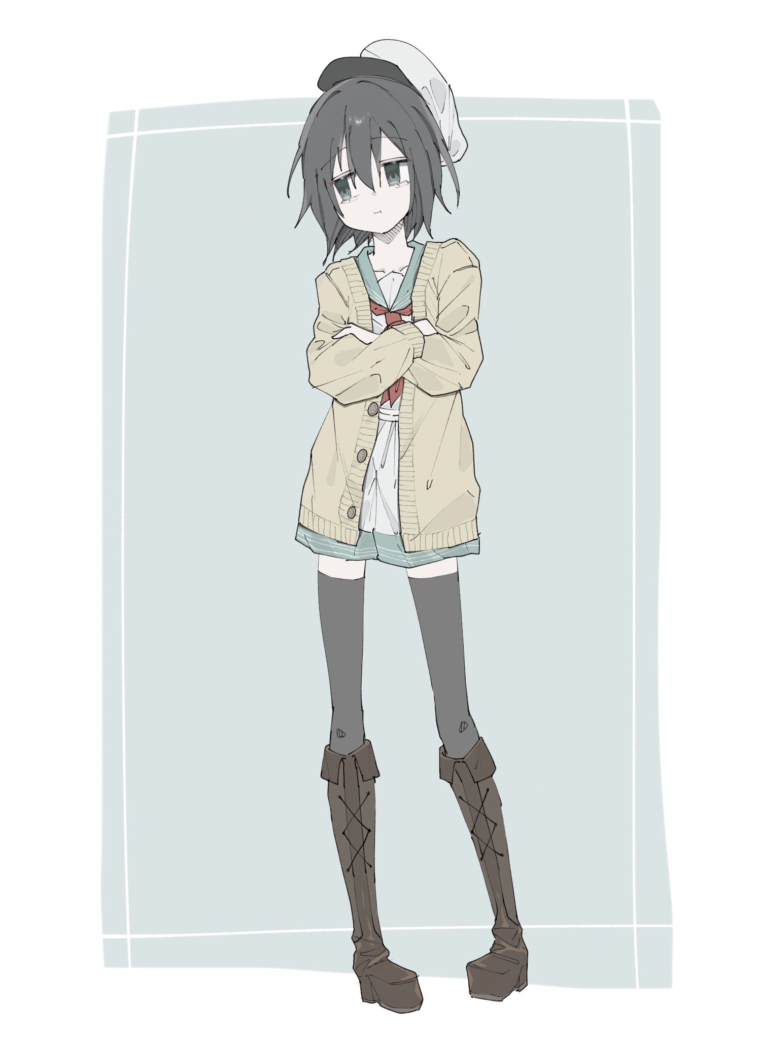 Safebooru - 1girl :t black hair black pantyhose boots brown footwear cardigan closed mouth ...