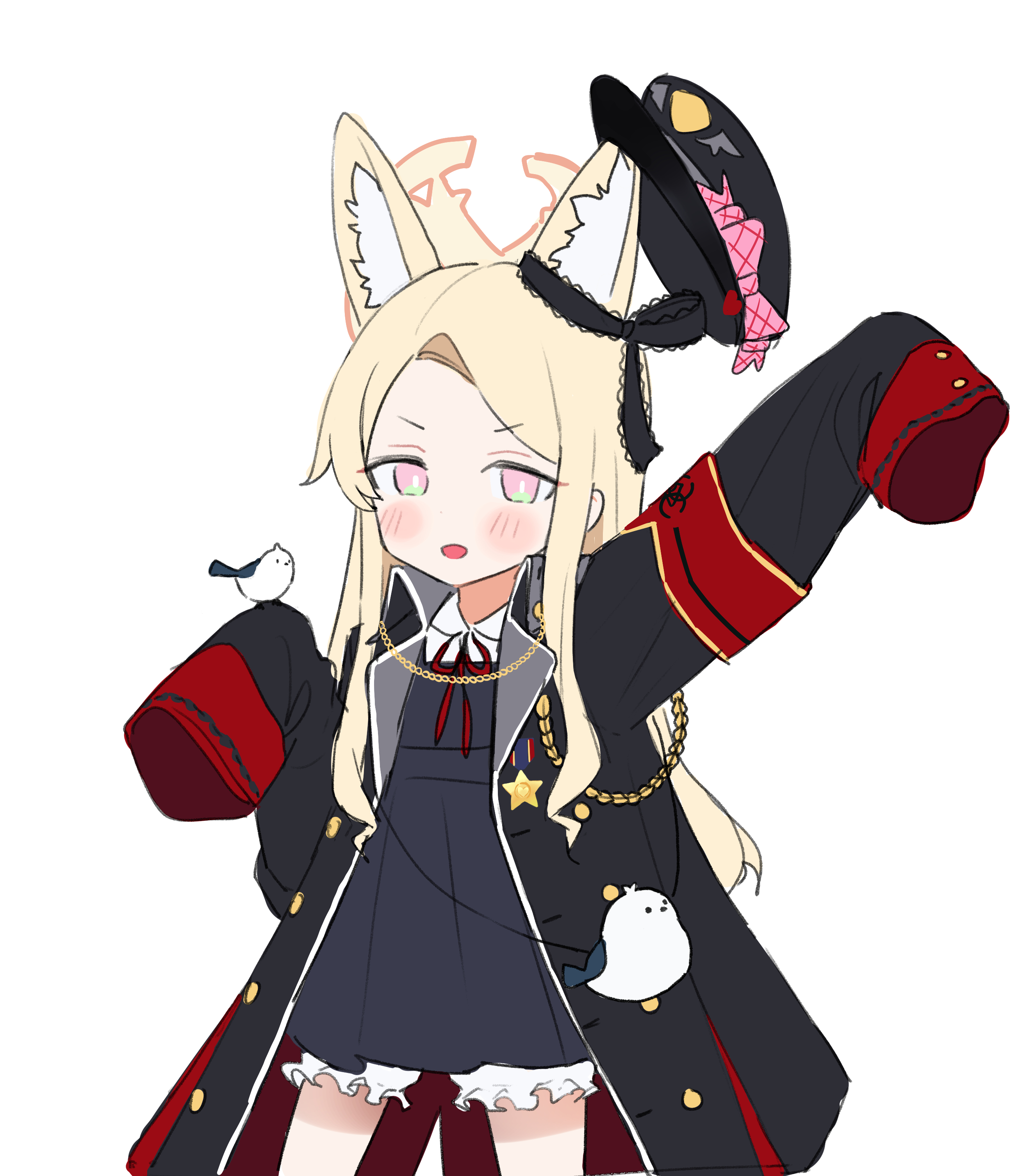 Safebooru - 1girl aak absurdres animal ears arm up bird bird on hand black coat black dress ...