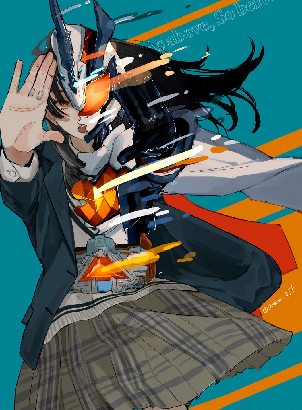 Safebooru - 1girl alchemisdriver armor belt belt buckle black gloves black hair blue background ...