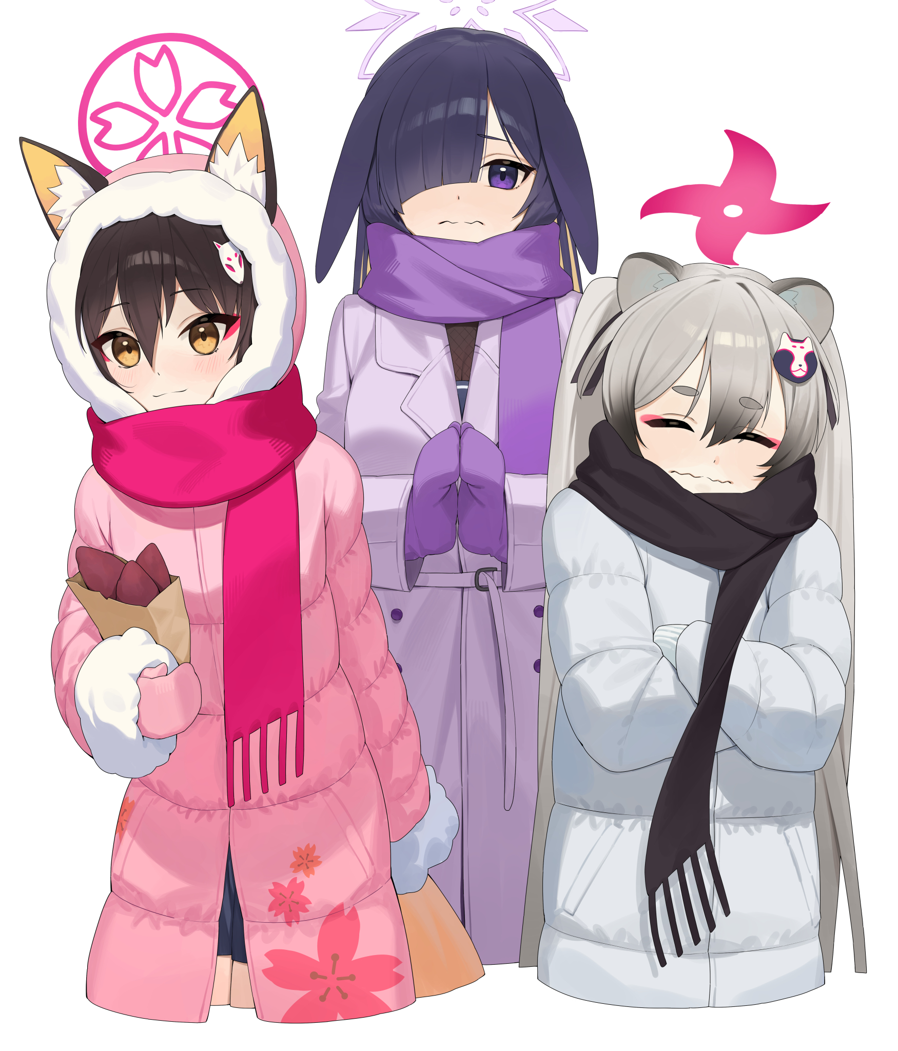 Safebooru - 3girls alternate costume animal ear fluff animal ears black hair black scarf blue ...