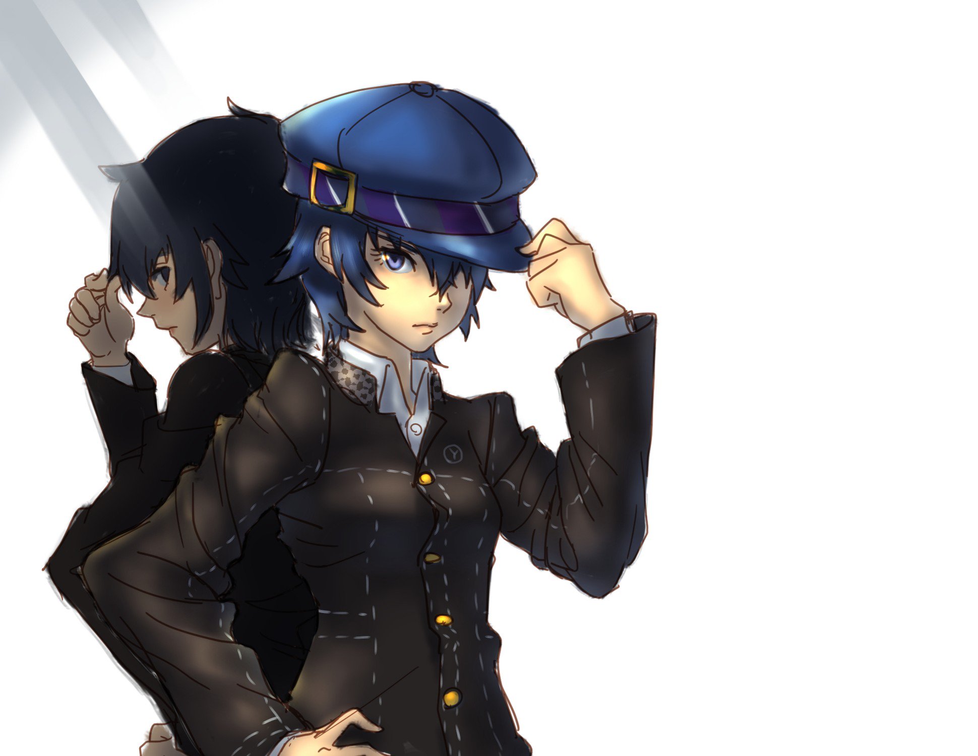 Safebooru - adjusting clothes adjusting headwear blue eyes blue hair breasts buckle cabbie hat ...