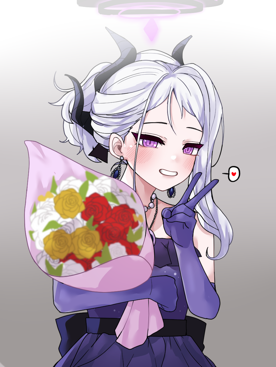 Safebooru - 1girl black horns blue archive blush bouquet dangle earrings demon horns dress ...