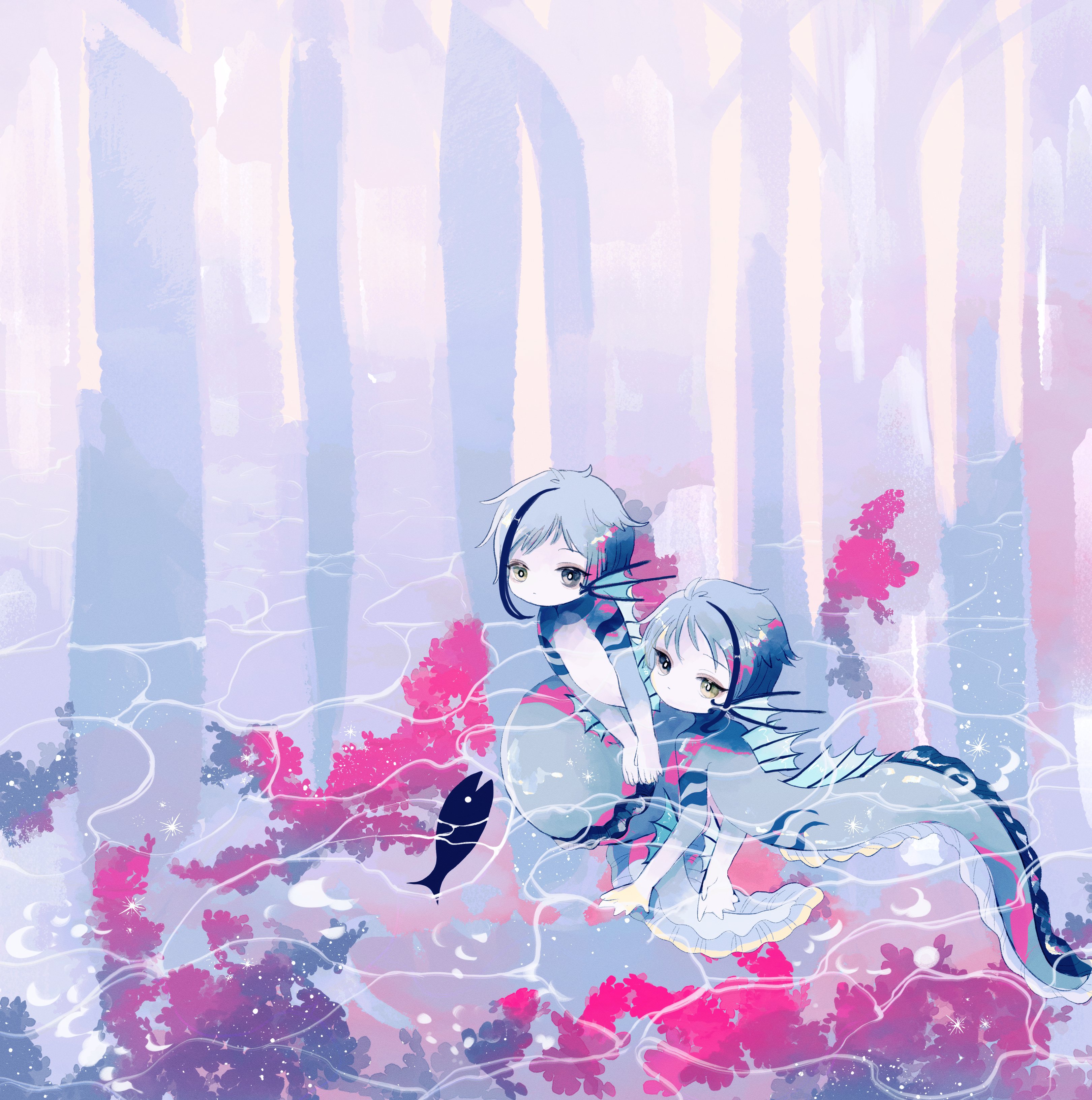 Safebooru - 2boys abstract abstract background absurdres arm fins back ...