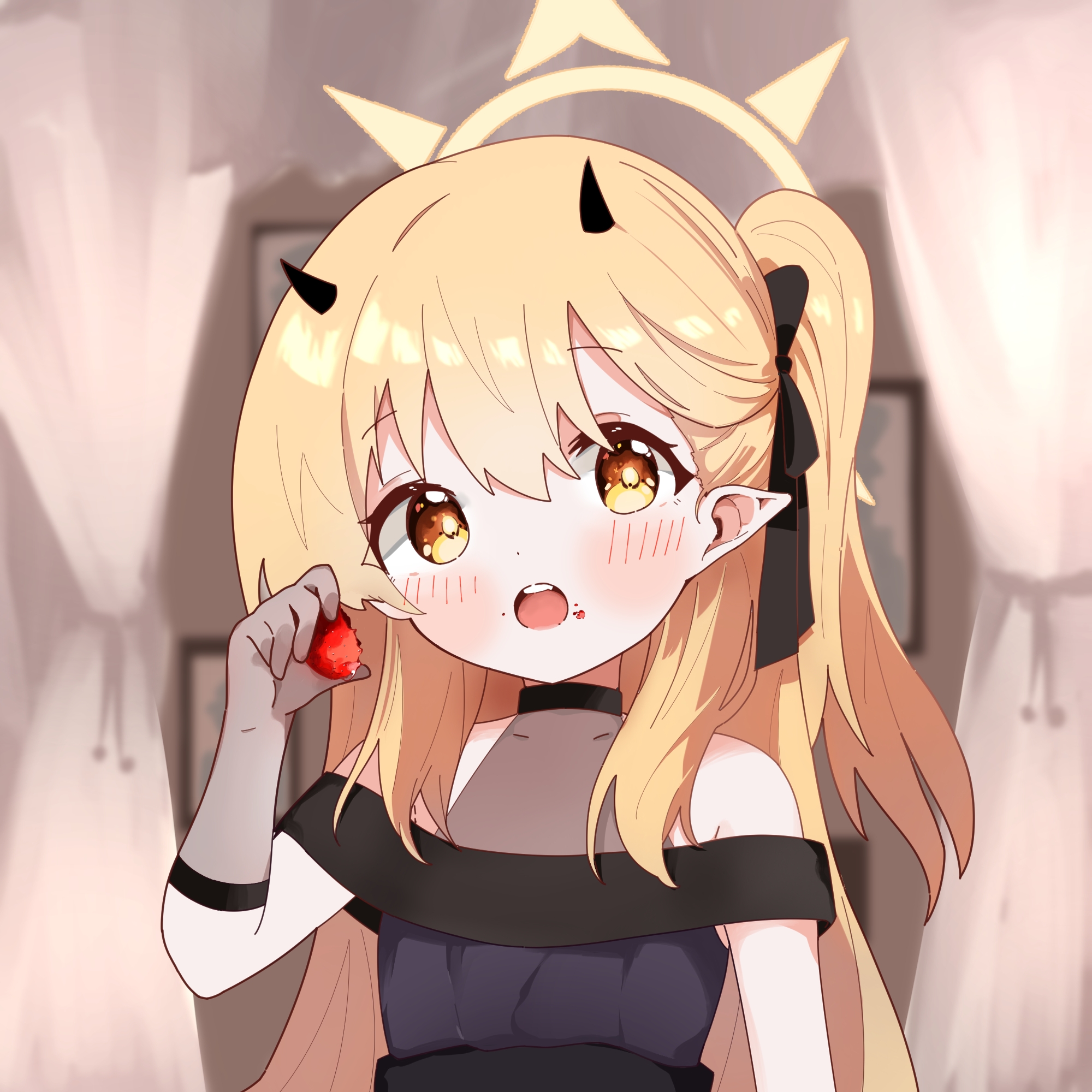 Safebooru - 1girl black dress black horns blonde hair blue archive blush collarbone demon horns ...