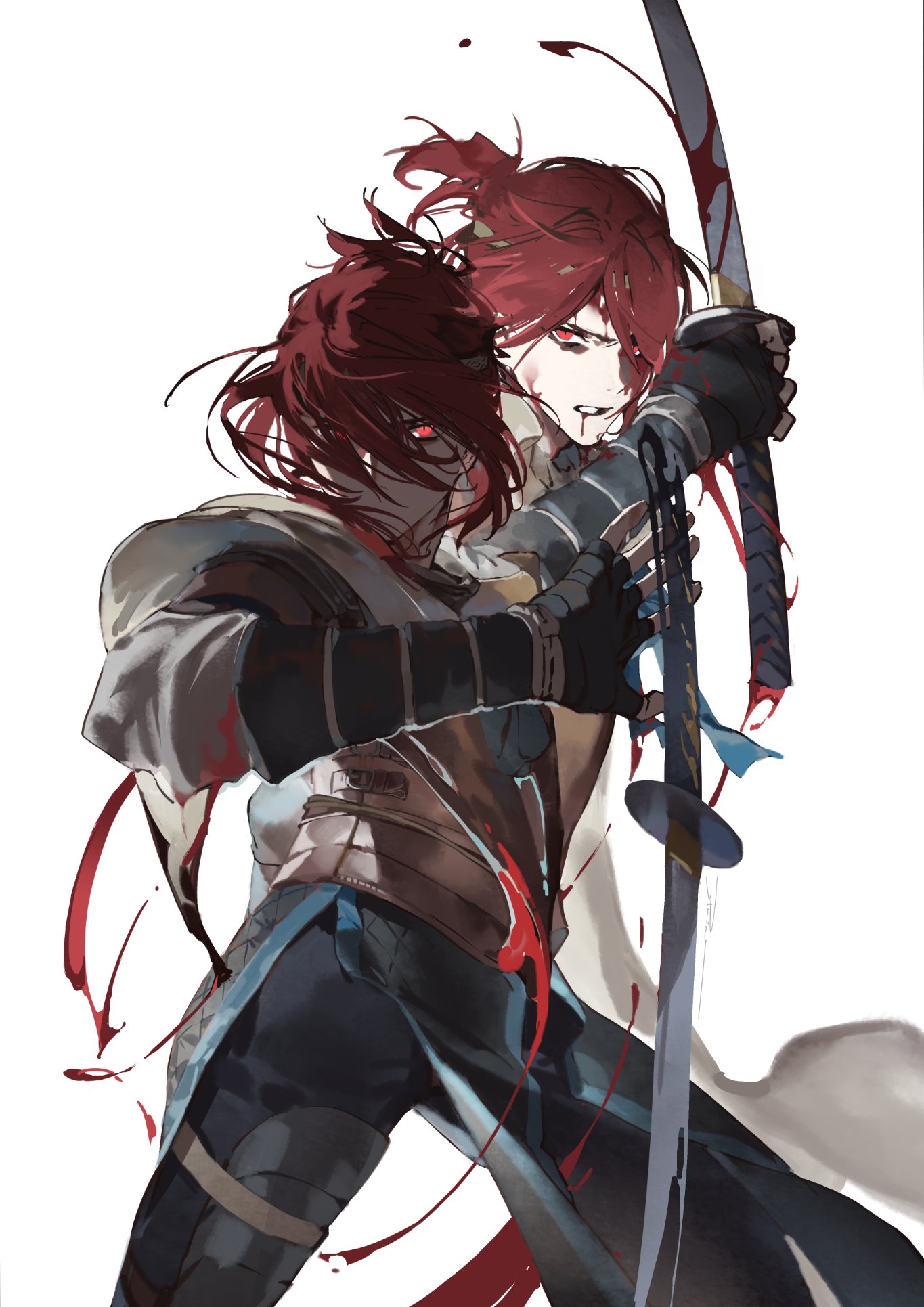Safebooru - 2boys armor black gloves blood blood from mouth blood on clothes blood on face ...