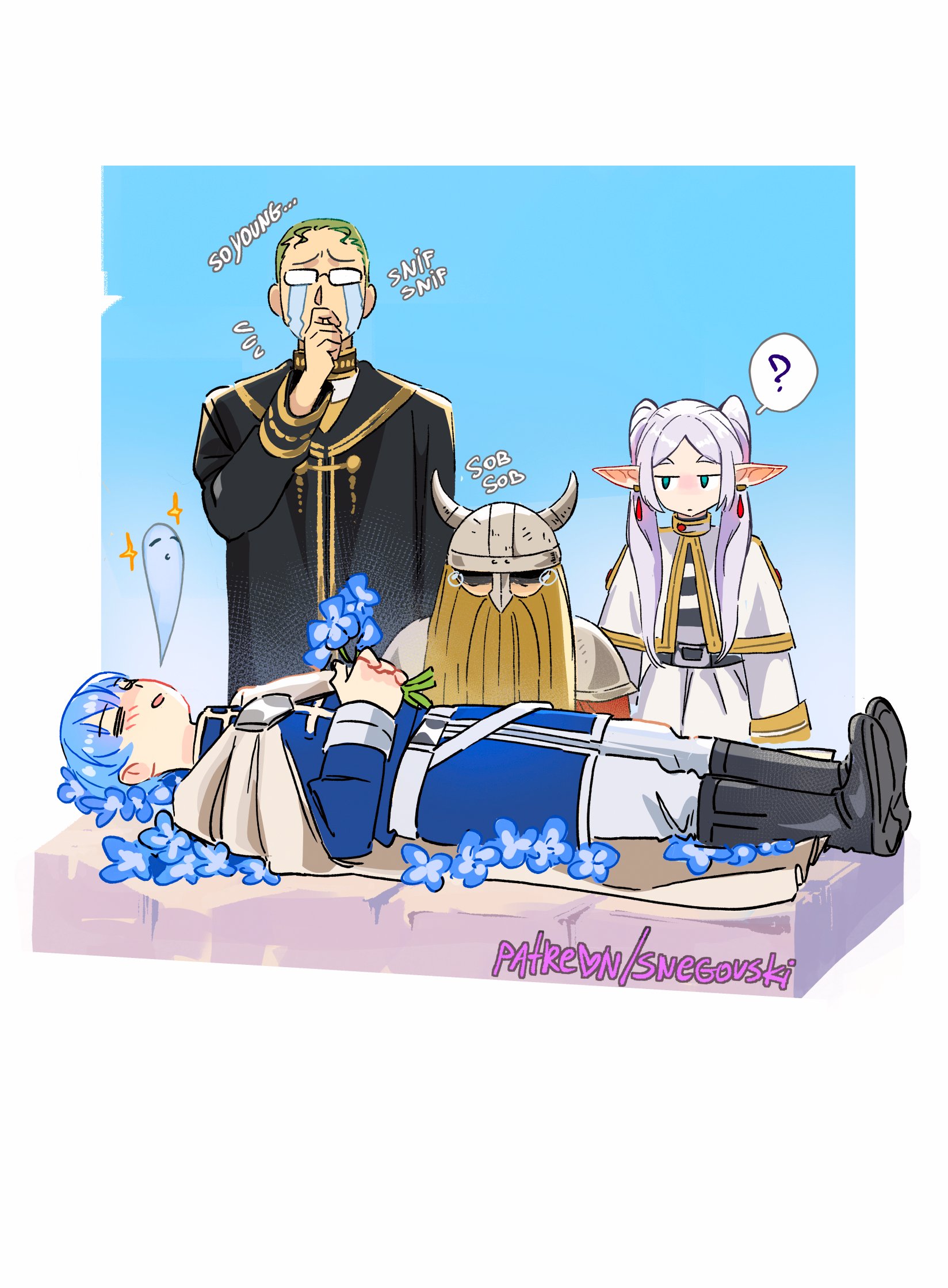 Safebooru - 1girl 3boys ? beard blue hair capelet commentary confused ...