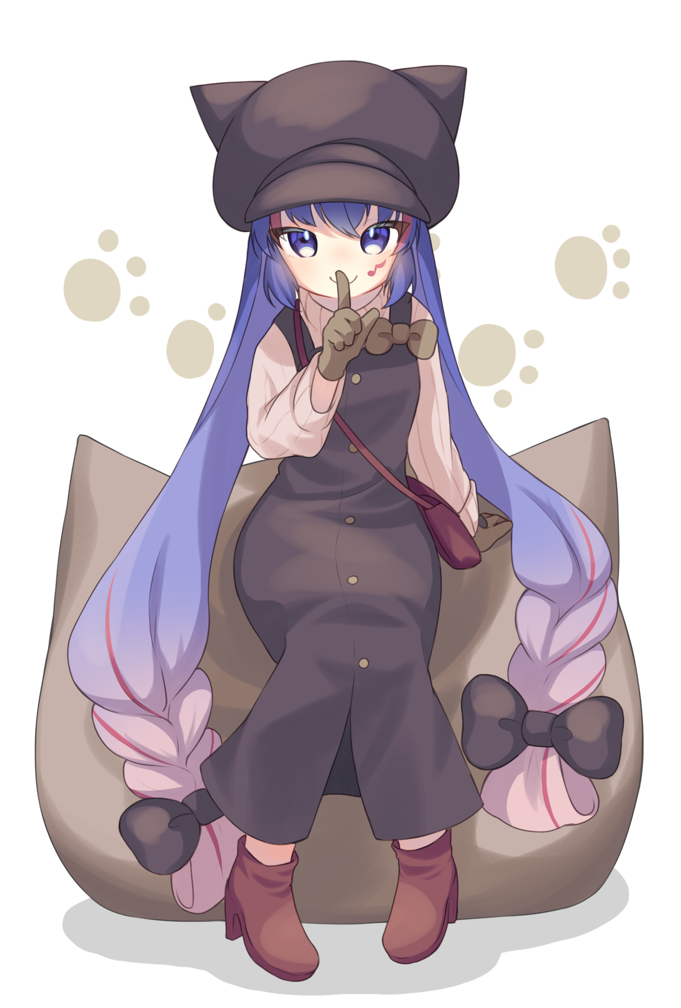 Safebooru - 1girl alternate headwear animal hat bag black bow black dress black headwear blue ...