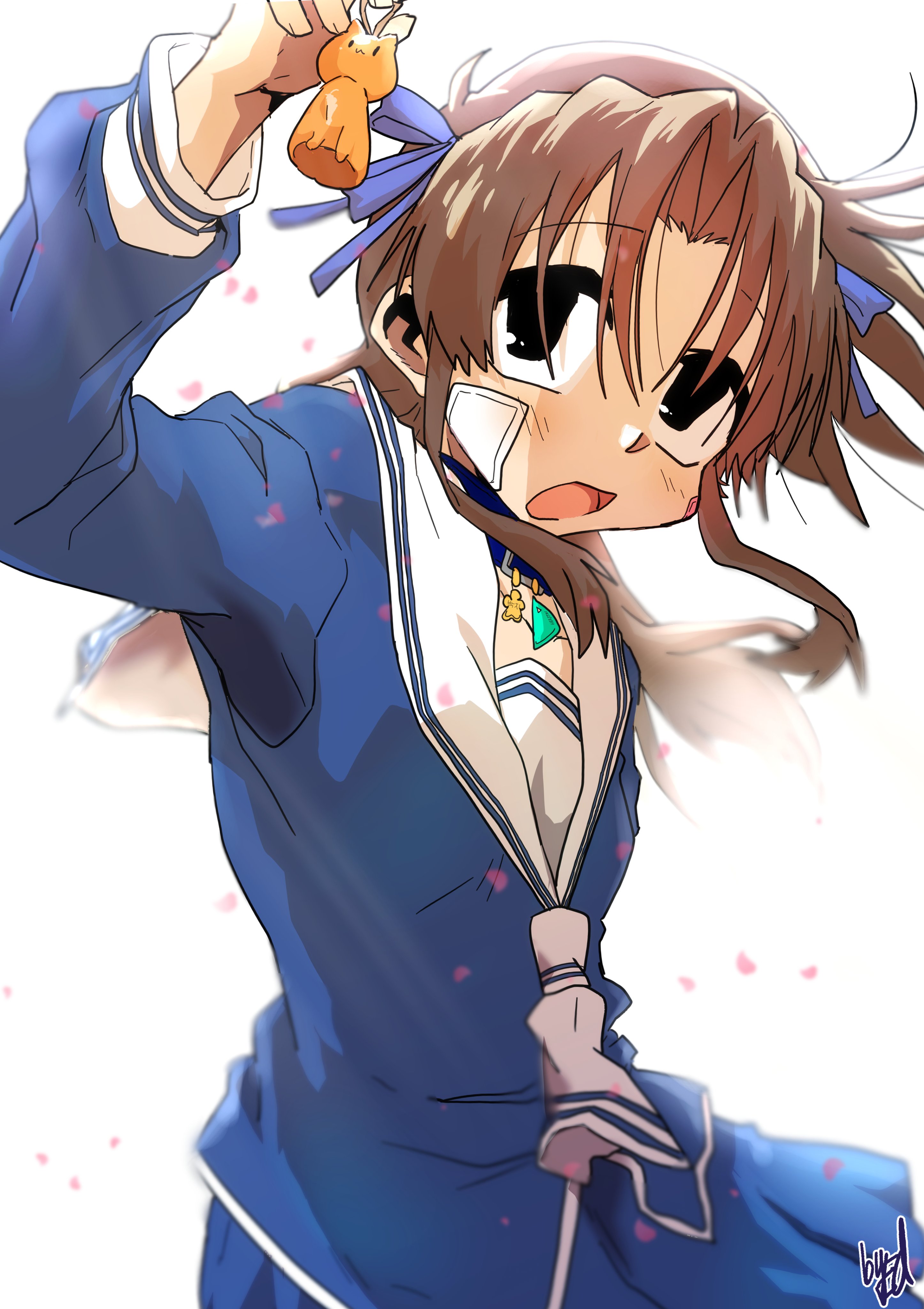 Safebooru - 1girl absurdres animal keychain artist name bandaid bandaid on face black eyes blue ...