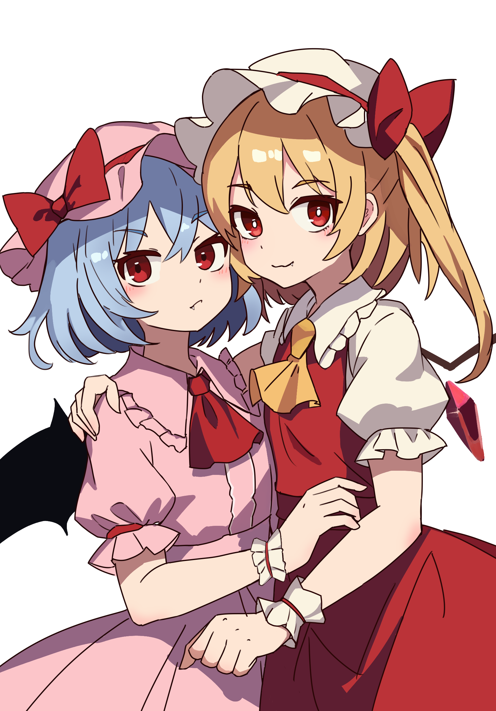 Safebooru - 2girls ascot blonde hair blue hair cowboy shot flandre scarlet frills hat highres kv ...