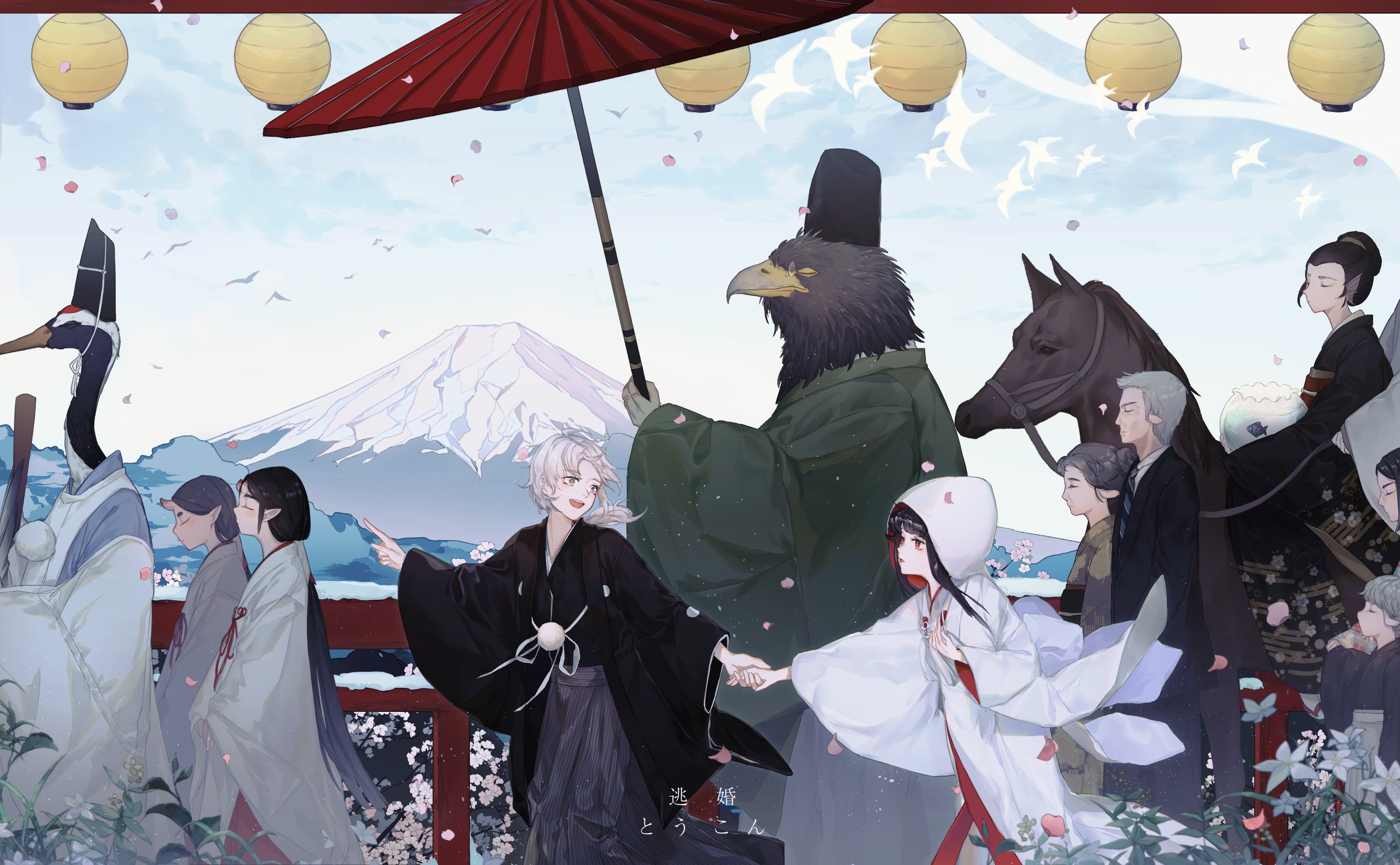 Safebooru - 1boy 1girl absurdres anna (anna1997) bird black hair black kimono black sleeves blue ...