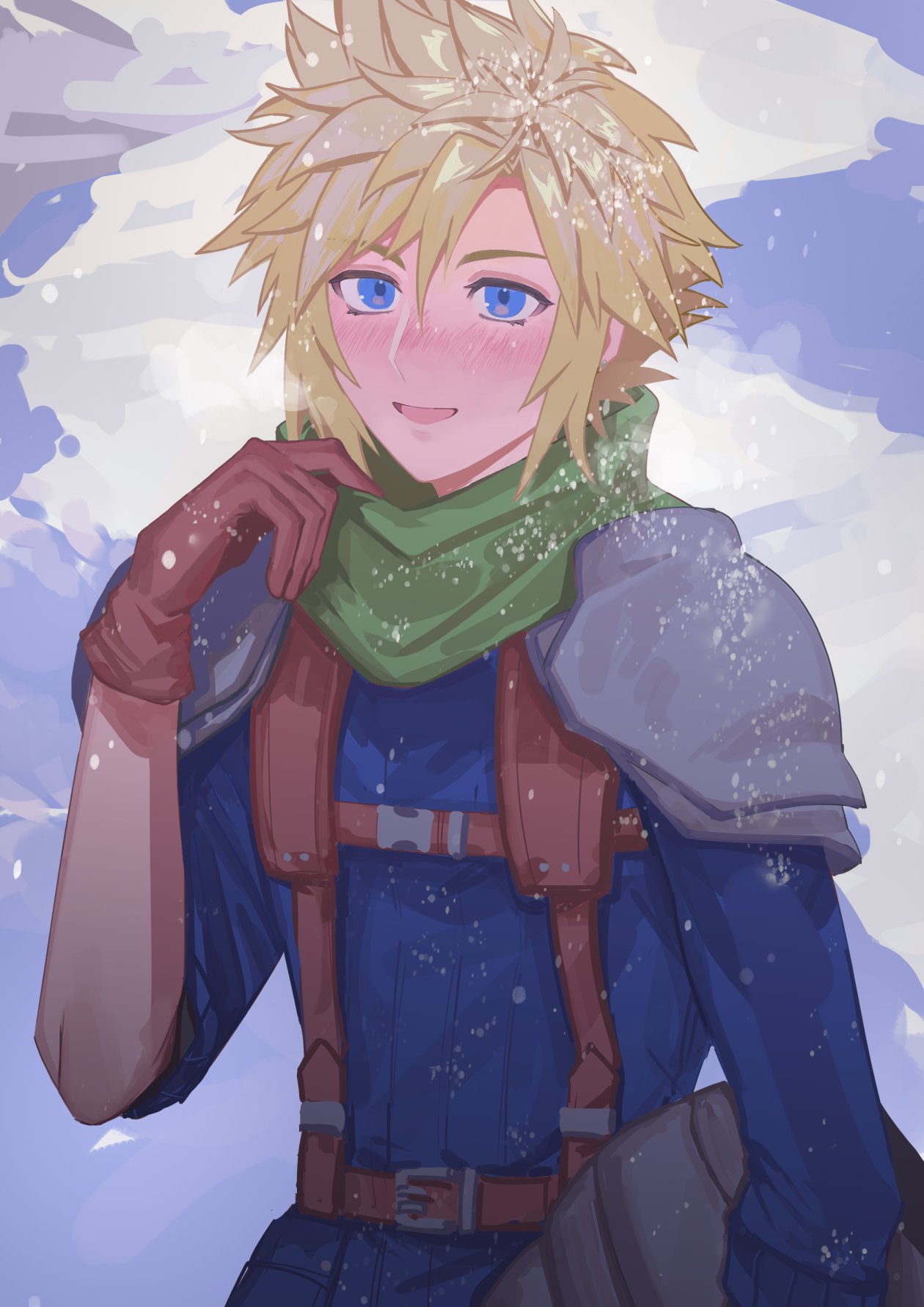Safebooru - 1boy armor blonde hair blue eyes blue shirt blue sky blush brown gloves carrying ...