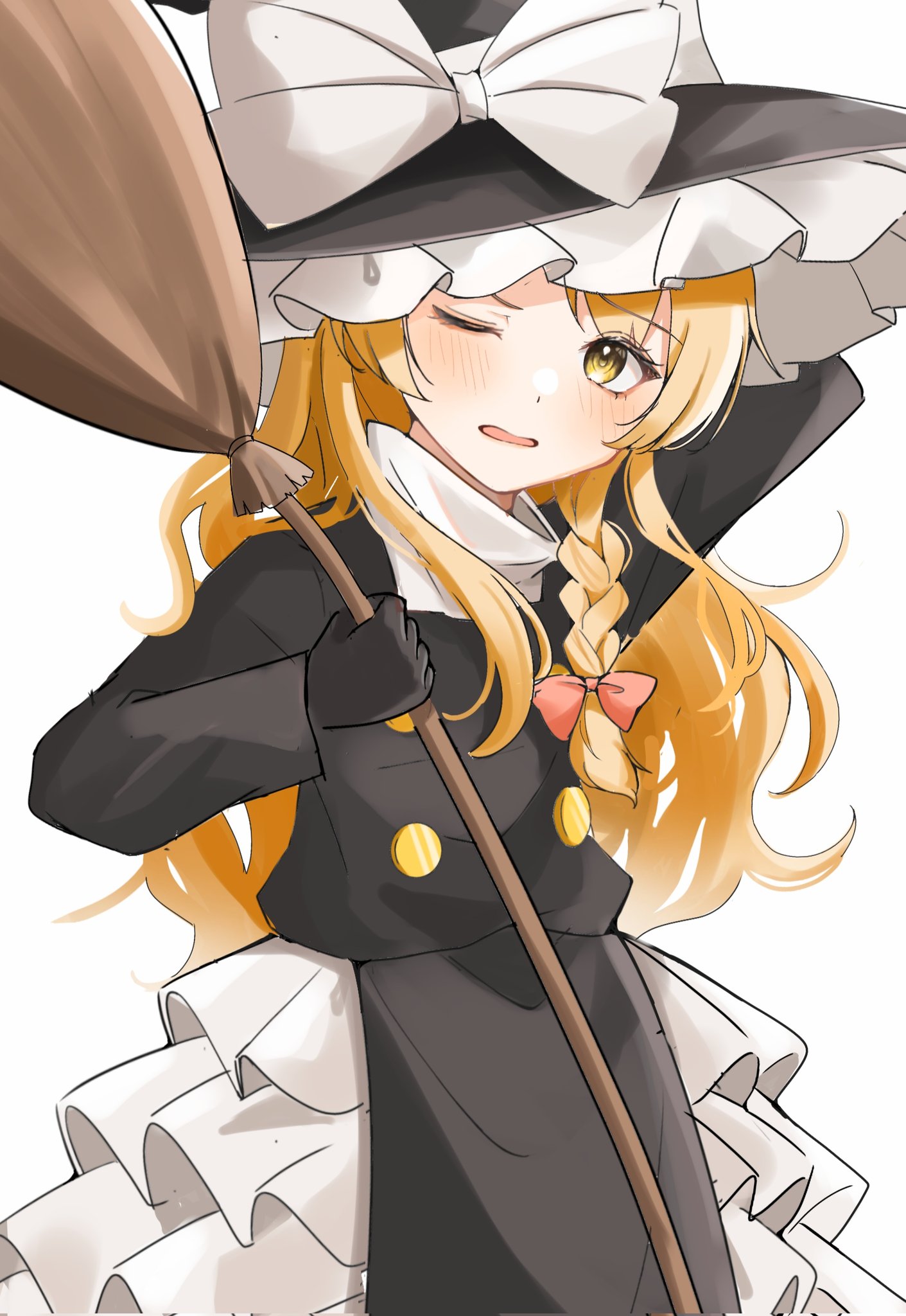 Safebooru - 1girl black gloves black headwear black jacket black skirt blonde hair bow braid ...
